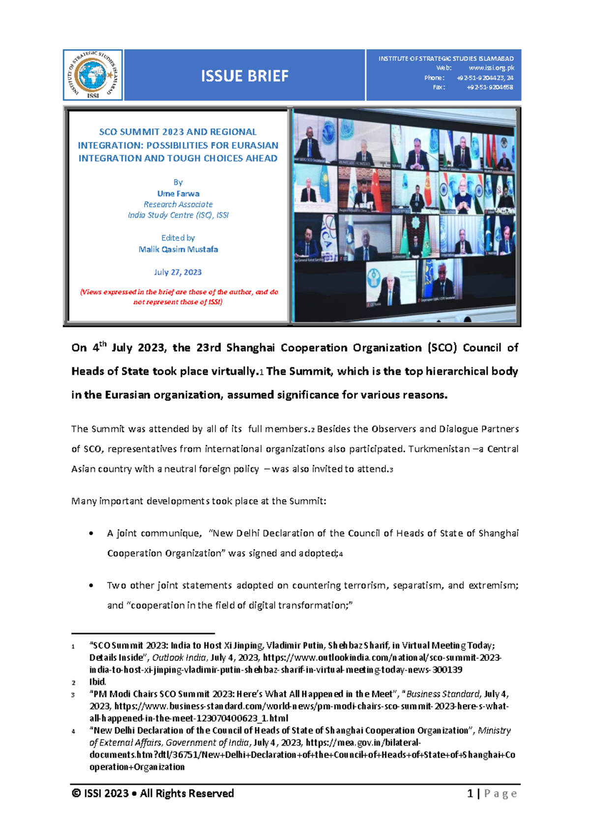 Shanghai coop org - SCO SUMMIT 2023 AND REGIONAL INTEGRATION ...