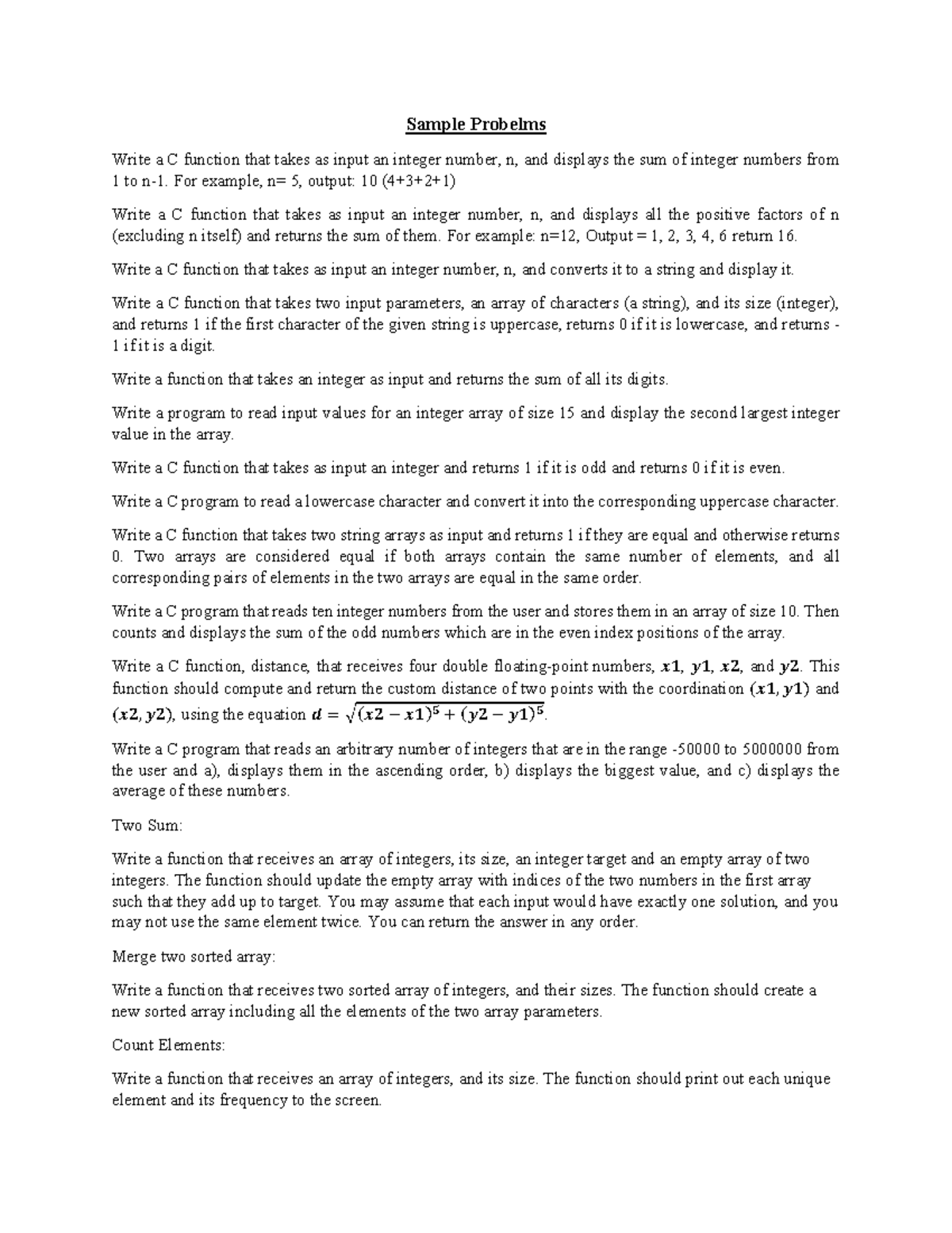 1400 Exam Review - Sample Probelms Write a C function that takes as input an integer number, n ...