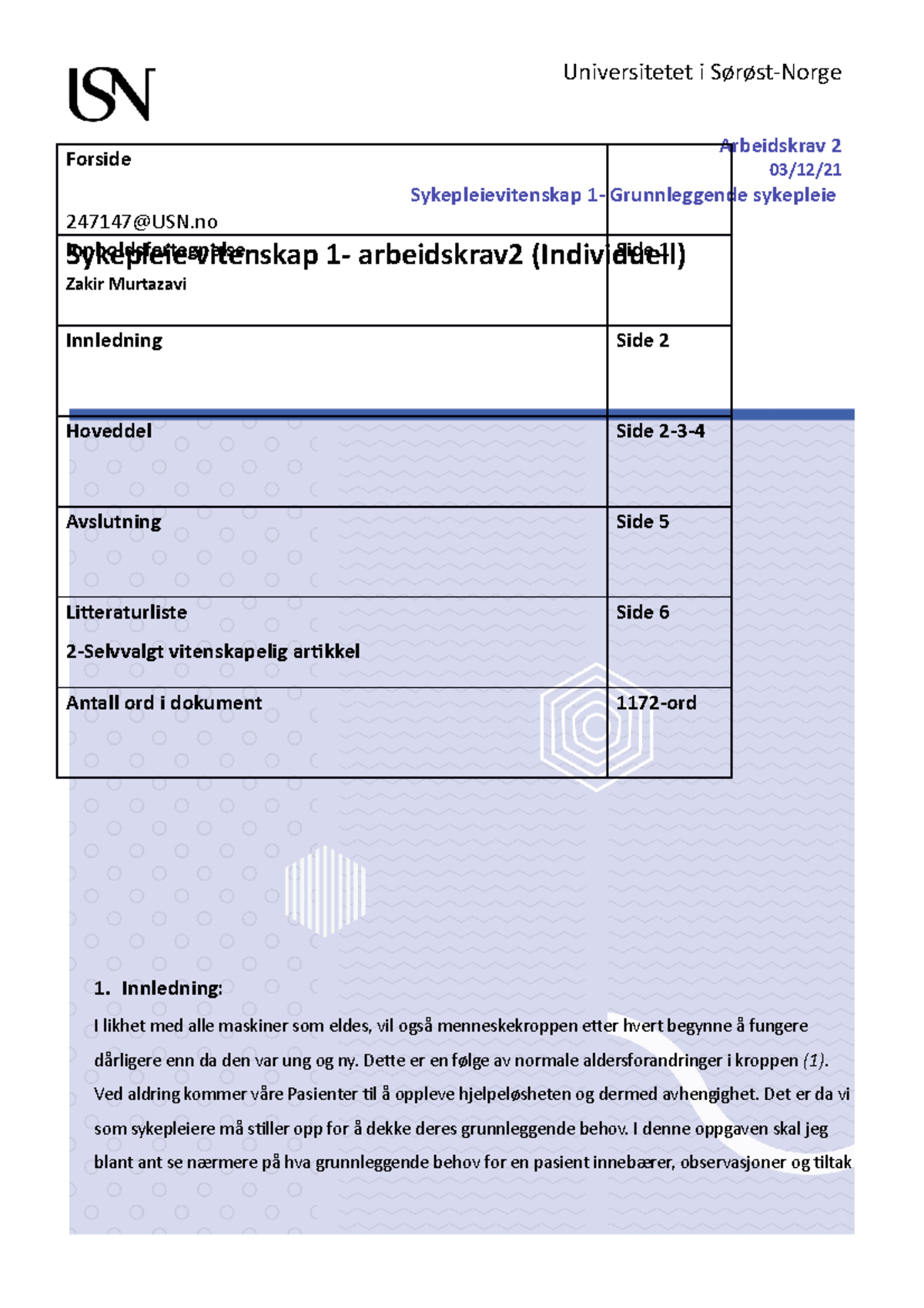 Arbeidskrav 2 individuell Hjemmeeksamen 1111111122 sykepleivitenskap b ...
