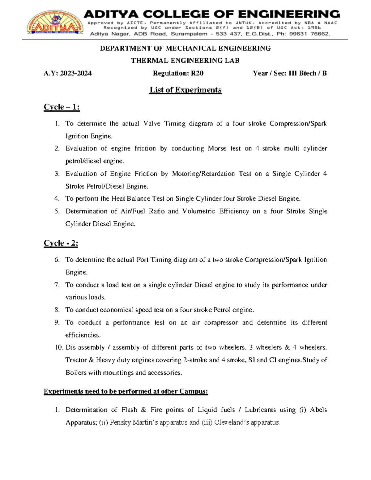 TE Lab cycle chart - DEPARTMENT OF MECHANICAL ENGINEERING THERMAL ...