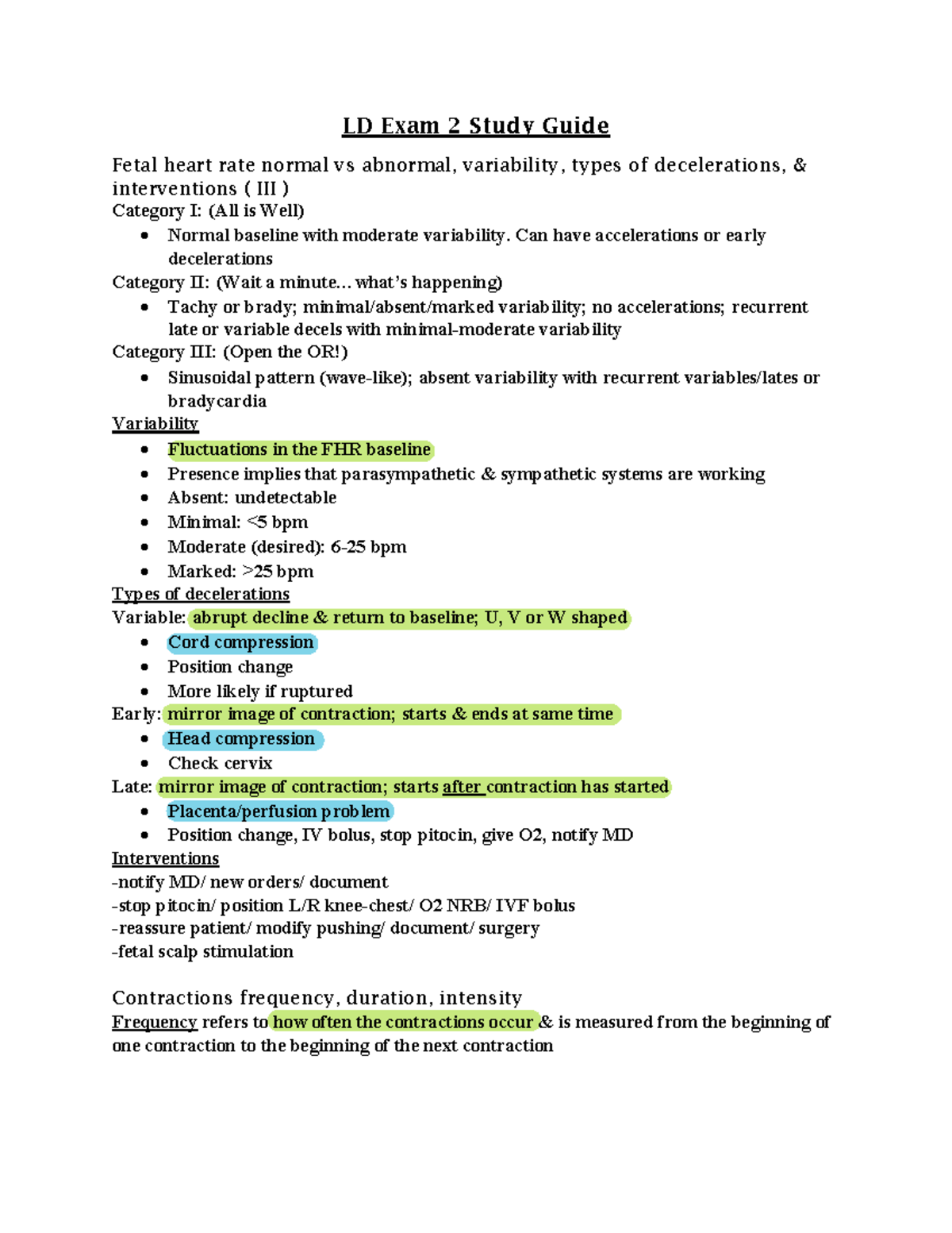 LD SP21 A term Study guide #1 - LD Exam 2 Study Guide Fetal heart rate ...