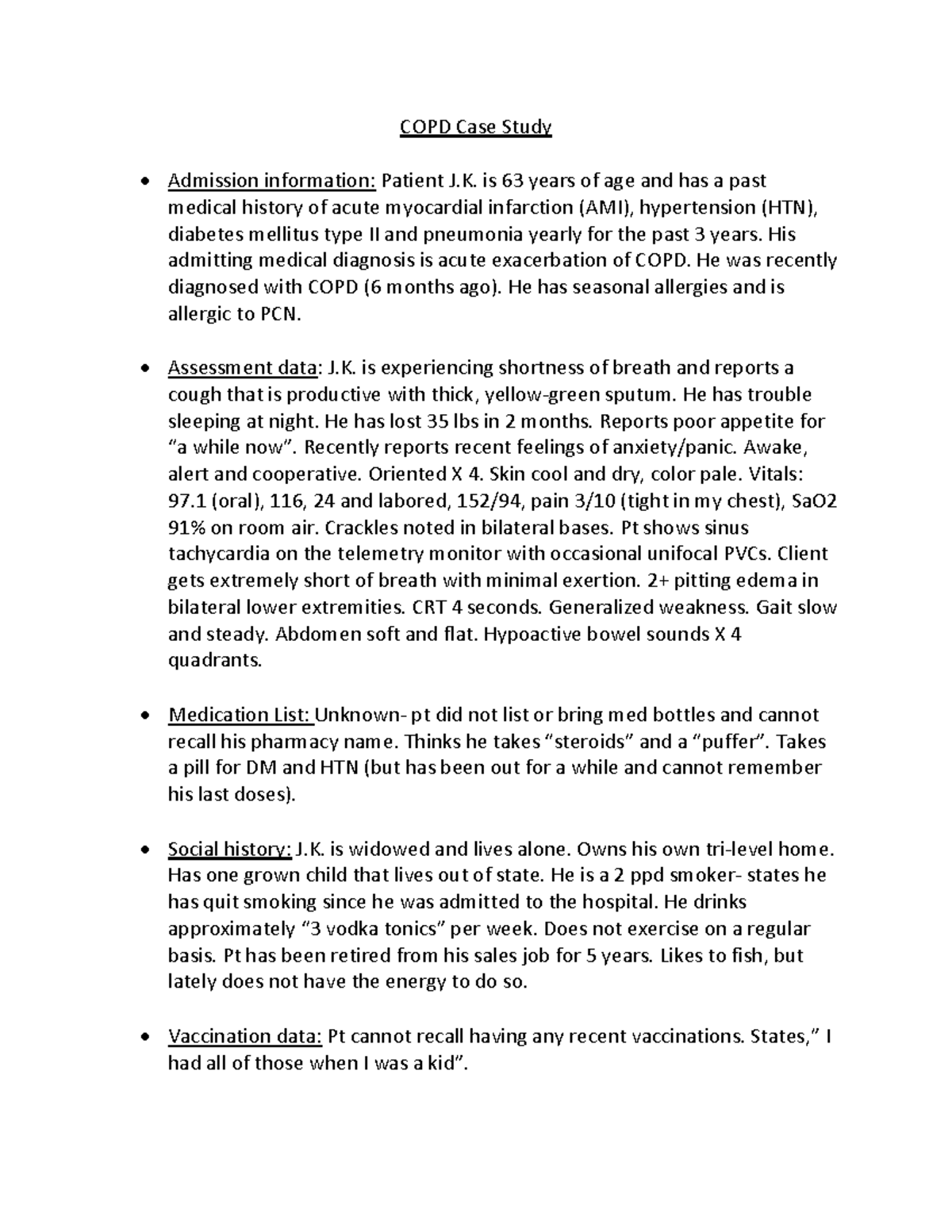 COPD Case Study - N/A - COPD Case Study Admission information: Patient ...