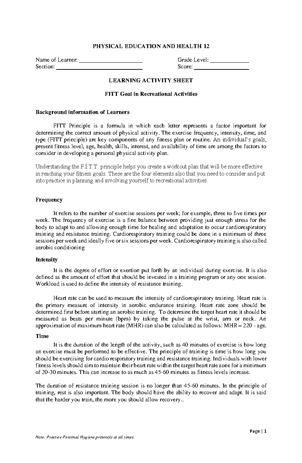 PE G12 FITT GOAL 1 - For example purpose - Page | 1 PHYSICAL EDUCATION ...