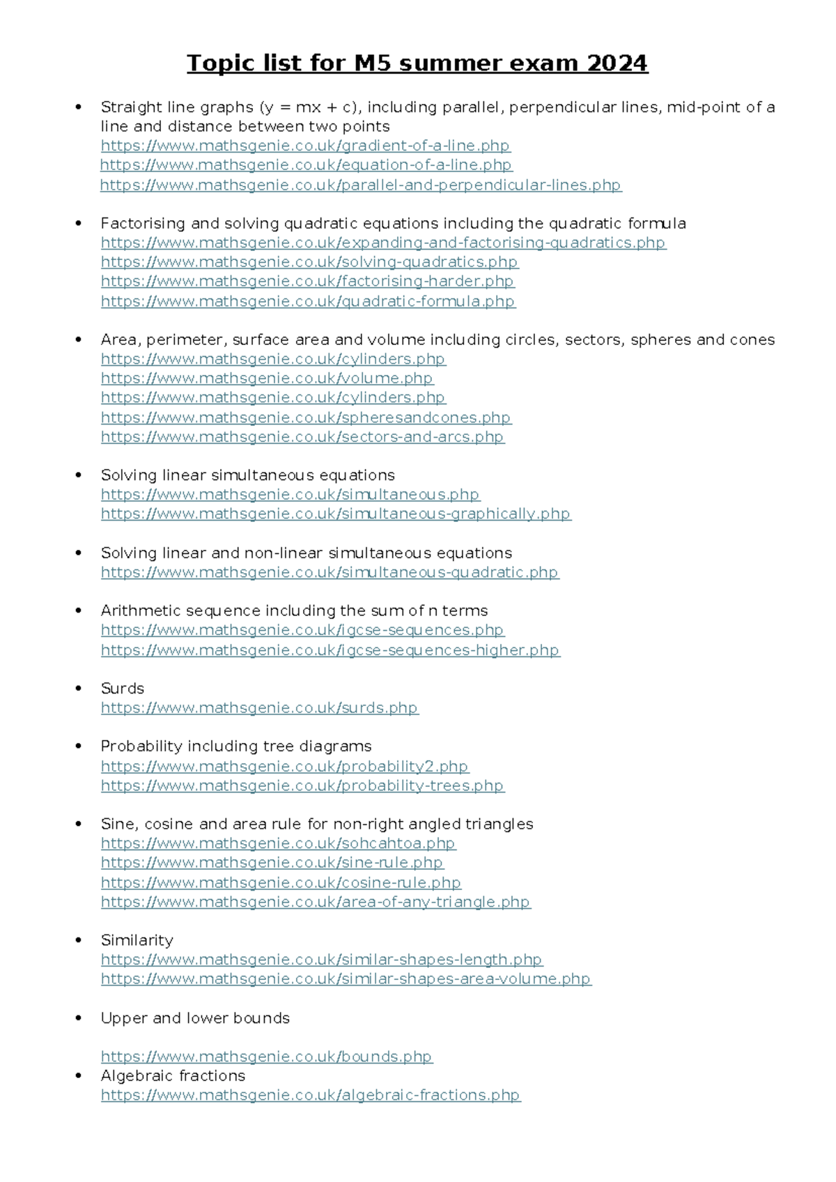 Topic list for M5 summer exam 2024 with video clips - Topic list for M5 ...