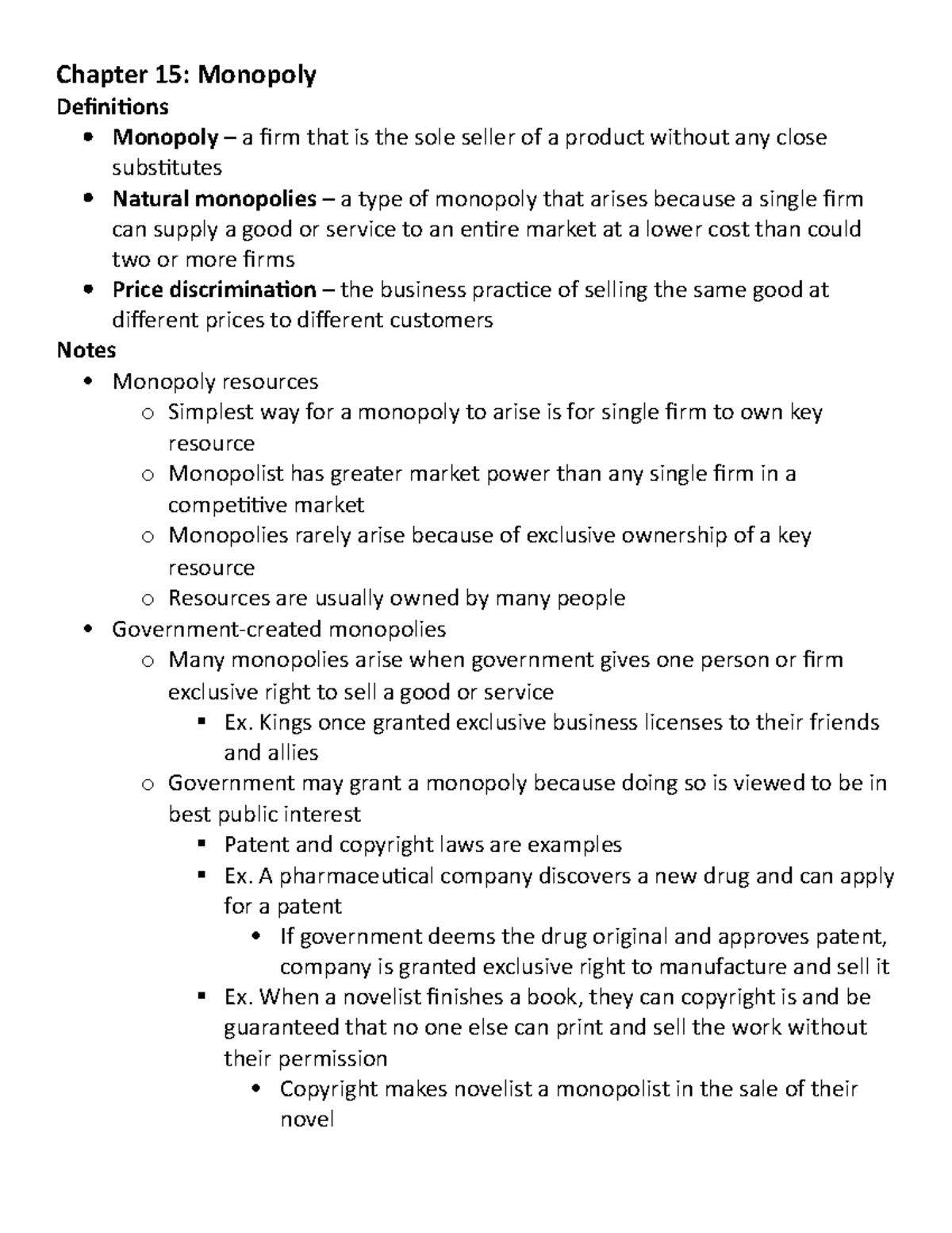 Chapter 15 notes - Chapter 15: Monopoly Definitions Monopoly – a firm ...