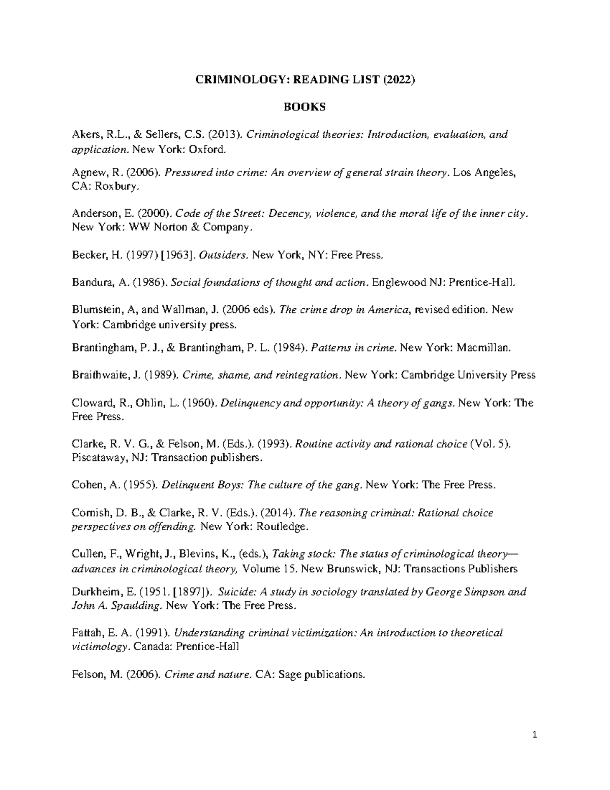 Theory Reading List Reading List Qualifying Exam 2022 - CRIMINOLOGY ...