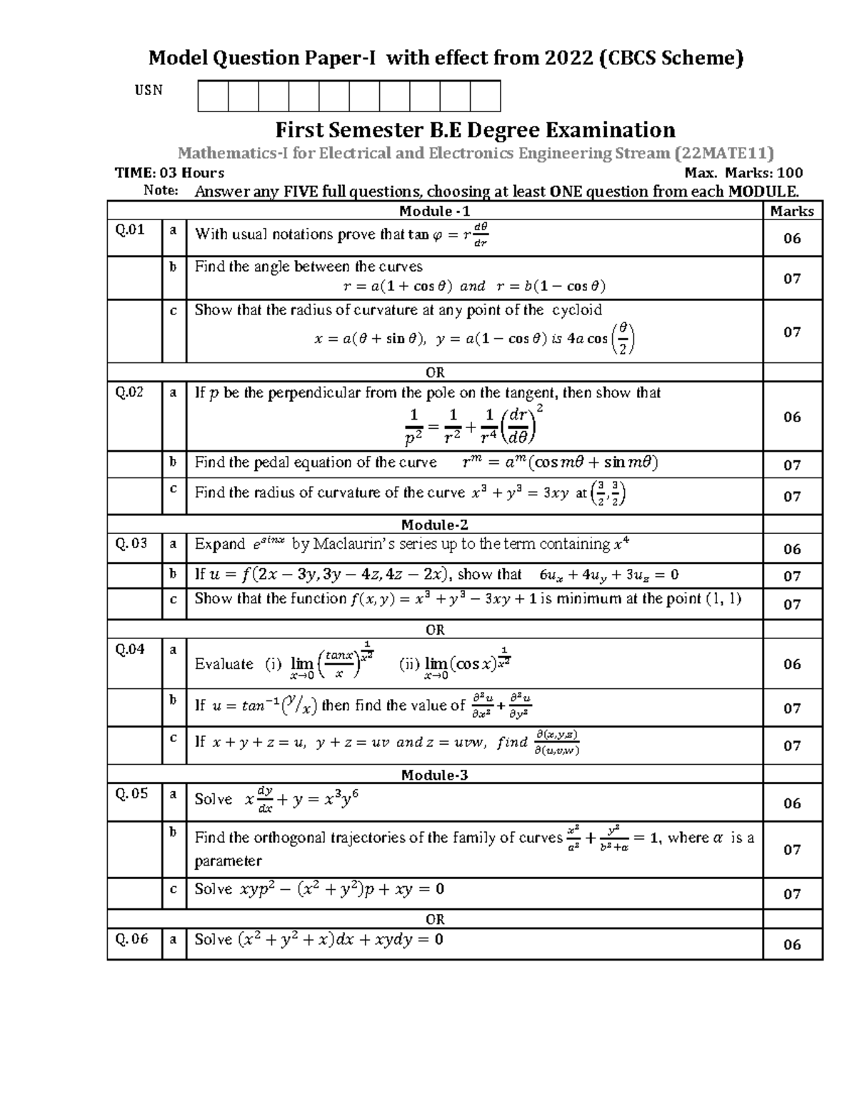 22MATE11set1 - Model Question Paper-I with effect from 2022 (CBCS ...