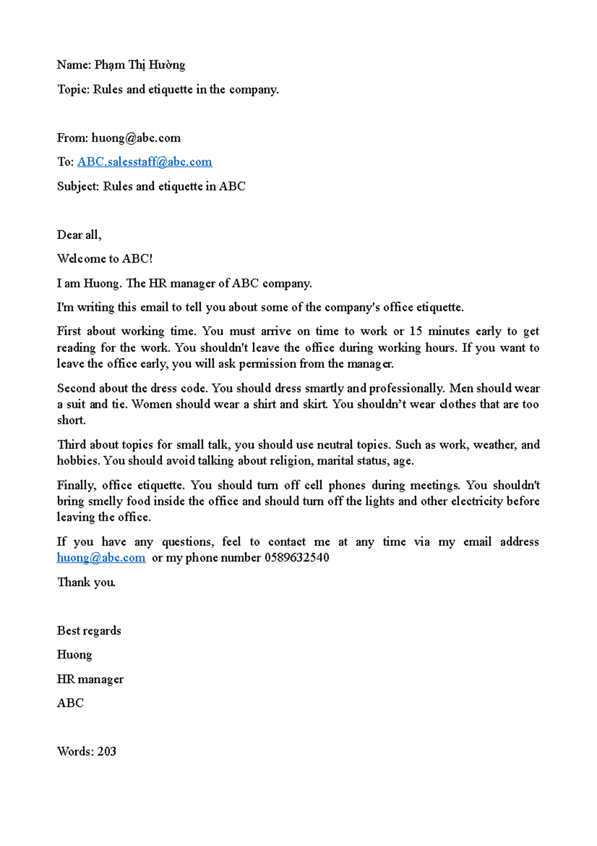 U1 - Rules and etiquette in the company. - From: huong@abc To: ABC@abc ...