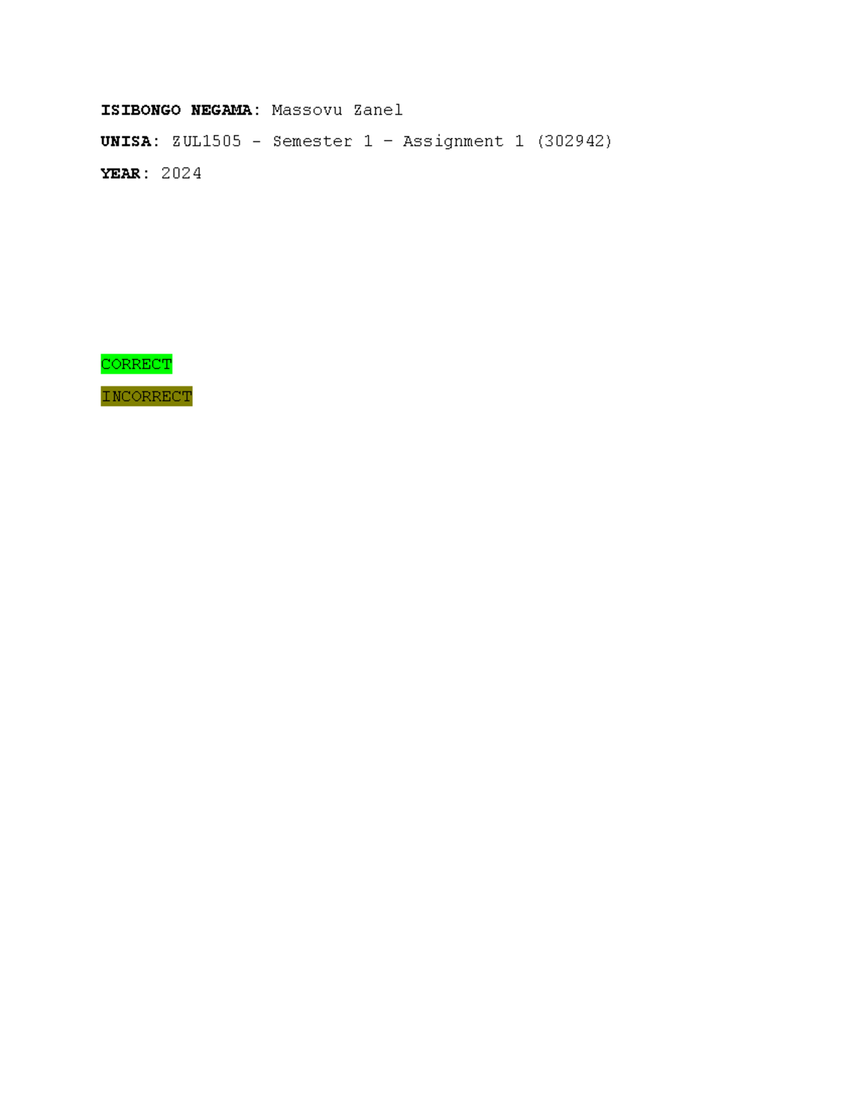 ZUL1505 (2024) - Semester 1 Assignment 1 - Marked Memo - ISIBONGO ...