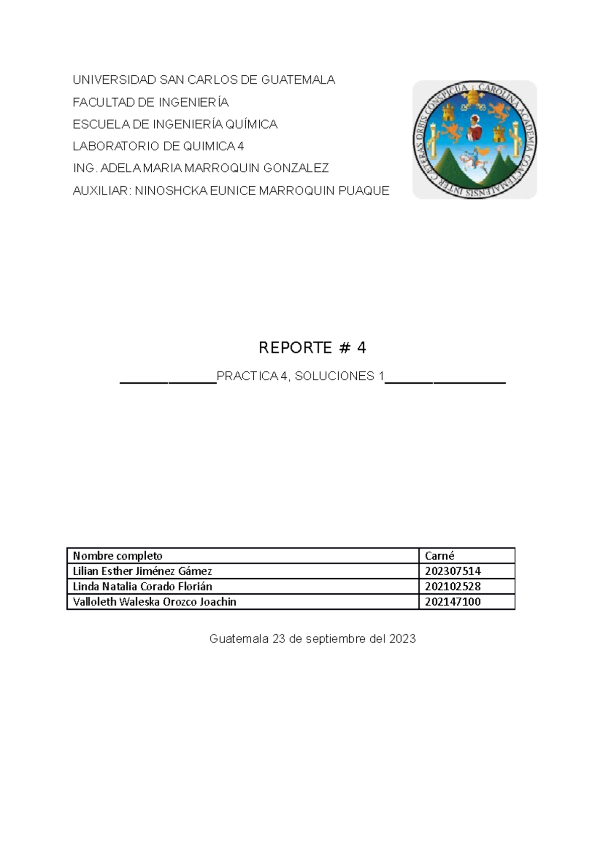 Reporte 4 LABQ4 - Laboratorio de química 4 - USAC - Studocu