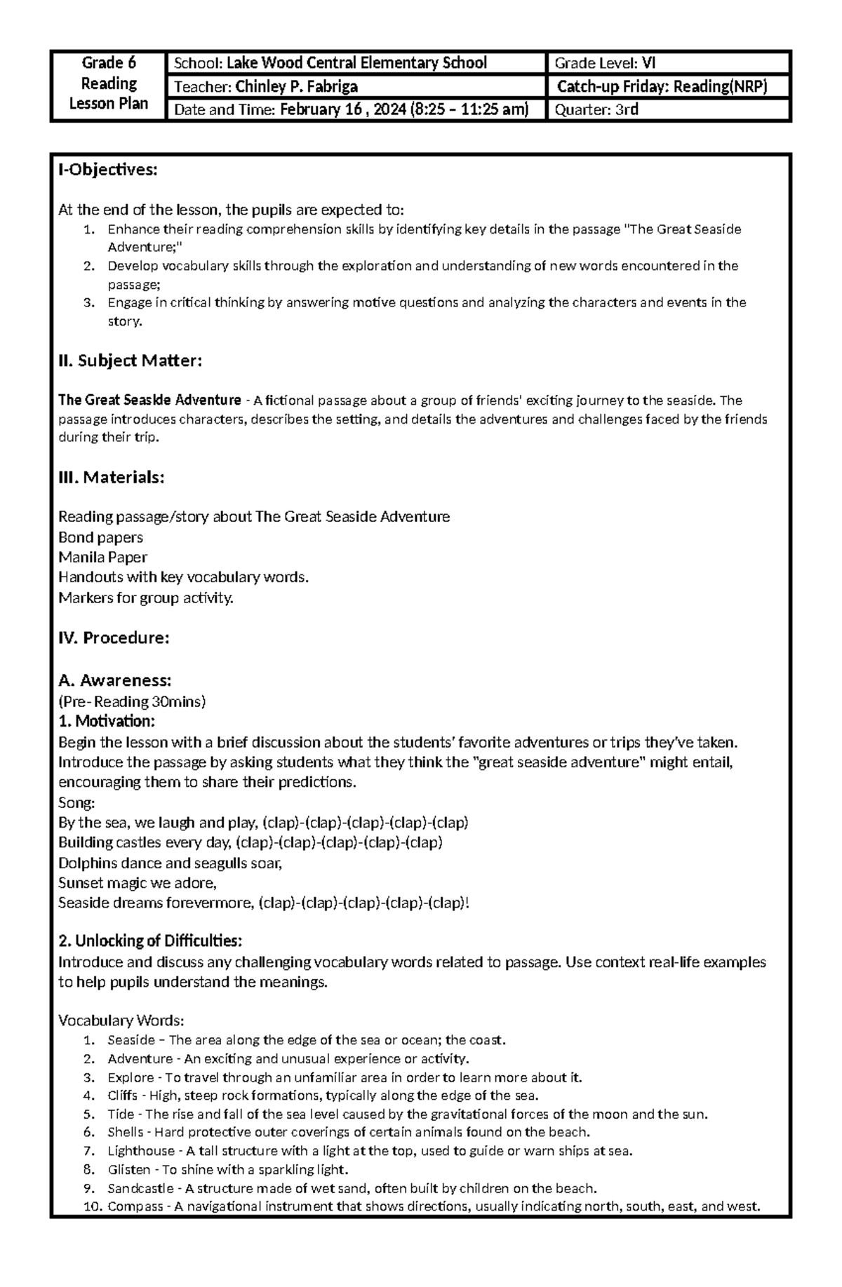 LP The Great SEaside Adventure Feb 2 - Grade 6 Reading Lesson Plan ...