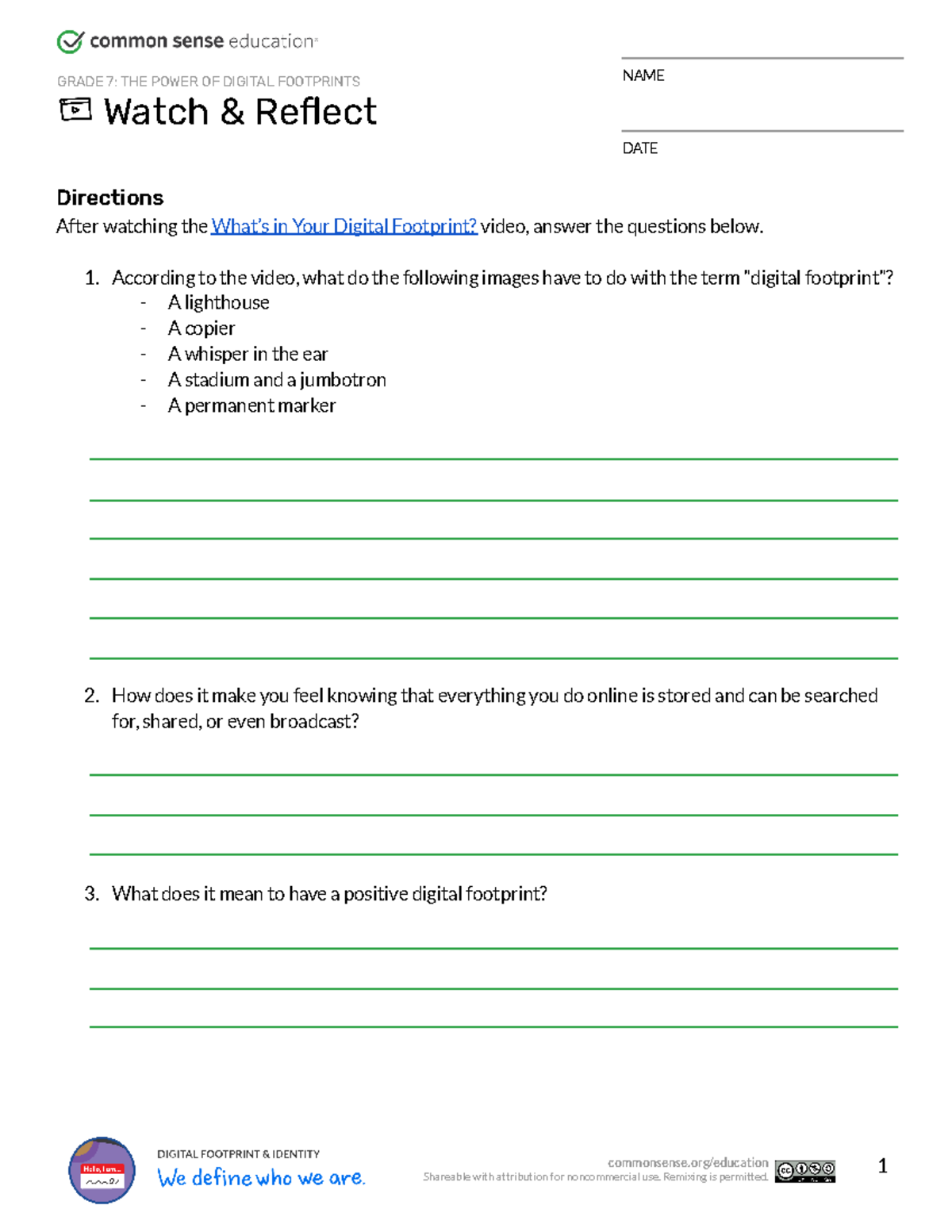 Grade 7 - The Power of Digital Footprints - Quick Activity Student ...