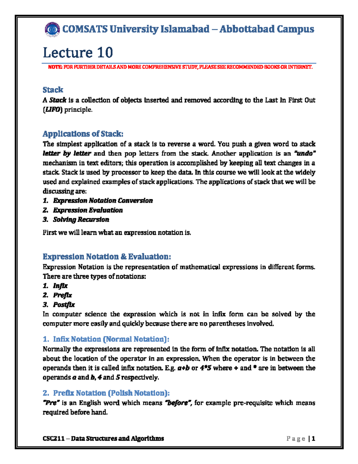 Lecture 10 - with full detail - Data Structures - infix expression ...