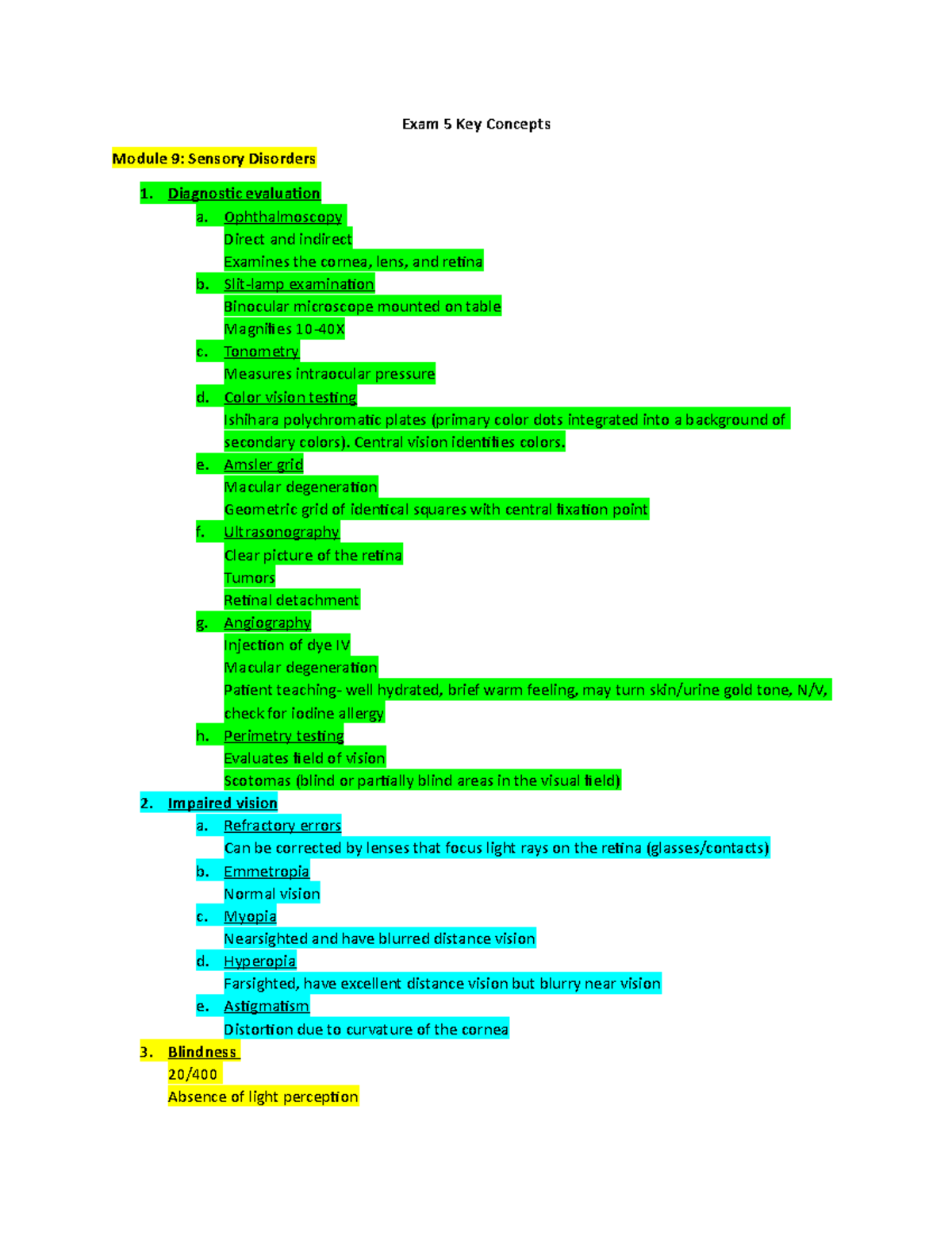 Exam 5 Key Concepts - Cotac - Exam 5 Key Concepts Module 9: Sensory ...