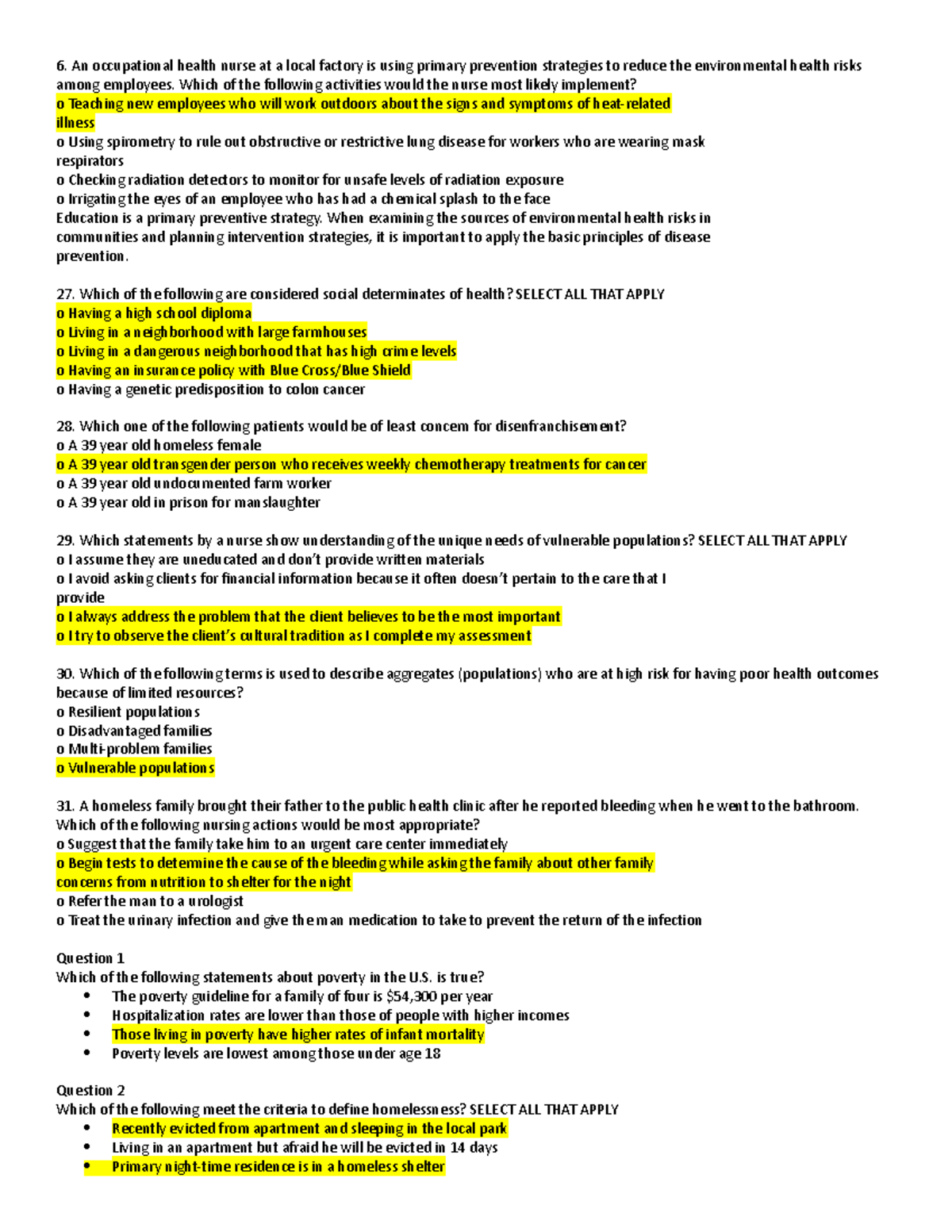 Exam 2 Practice Questions - An occupational health nurse at a local ...