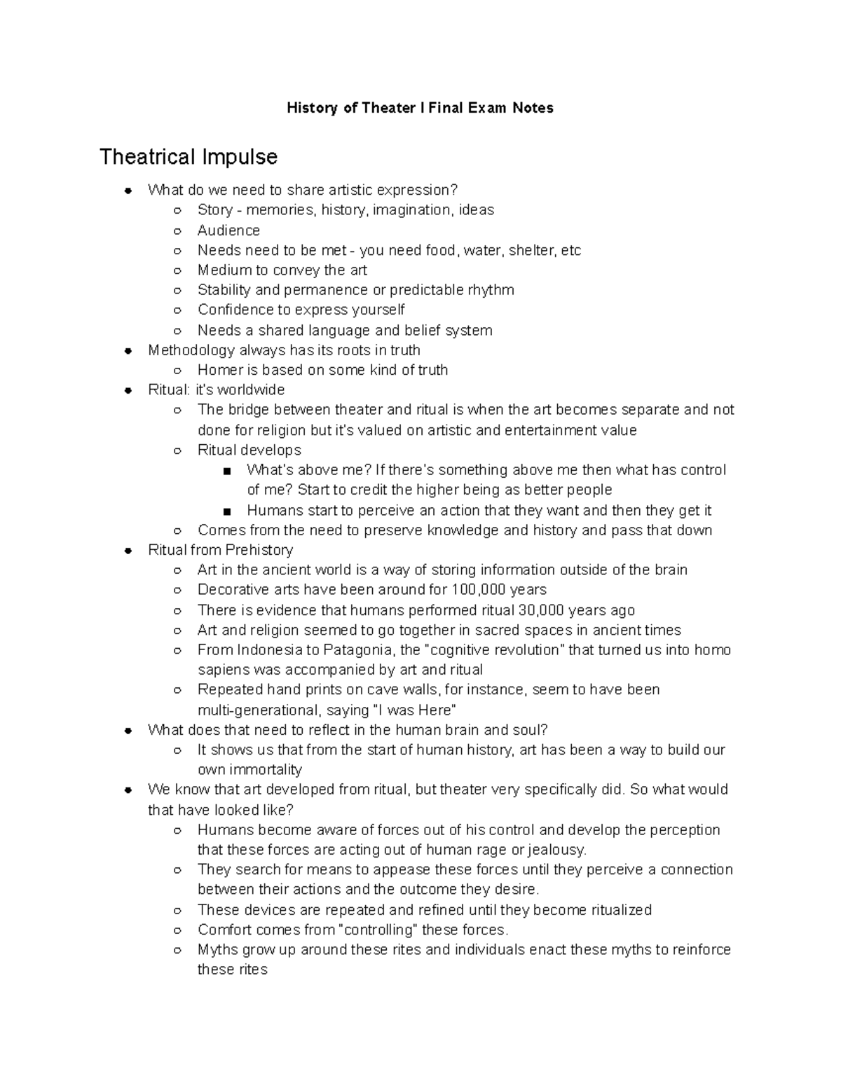 Final Exam Notes - This document includes: the Theatrical Impulse ...