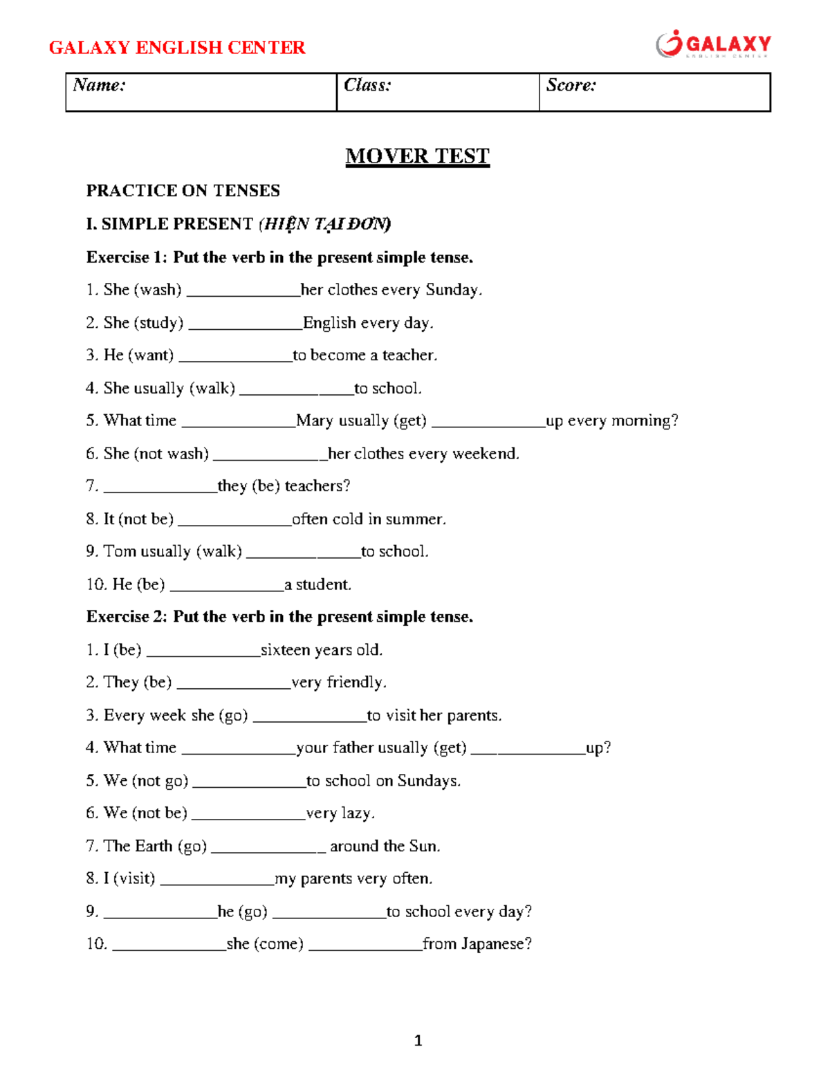 Mover TEST 17 - REVIEW - Name: Class: Score: MOVER TEST PRACTICE ON ...