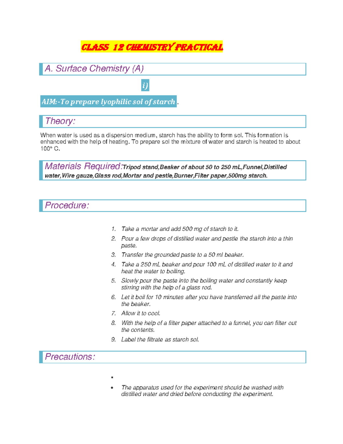 Class 12 chemistry practical - Class 12 chemistry practical A. Surface ...