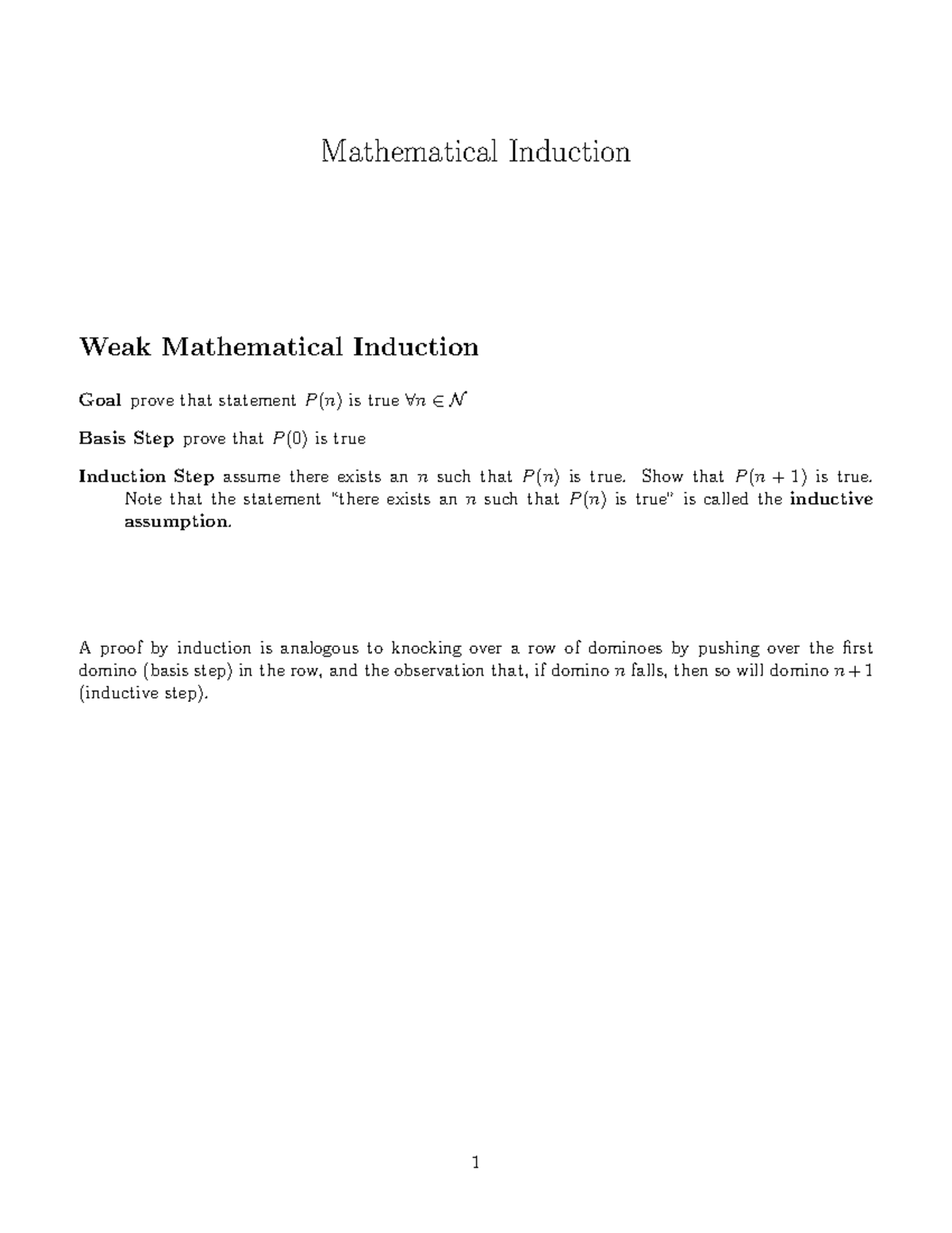 Induction - Mathematical Induction Weak Mathematical Induction Goal ...