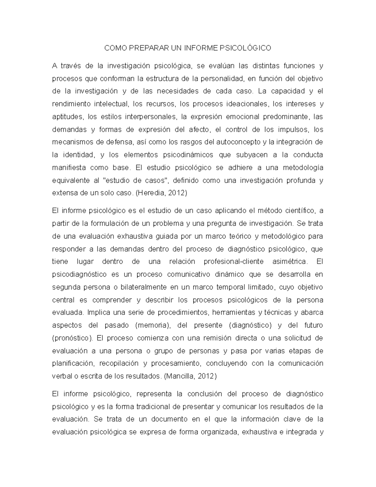 COMO Preparar UN Informe Psicológico - COMO PREPARAR UN INFORME PSICOLÓGICO A través de la - Studocu