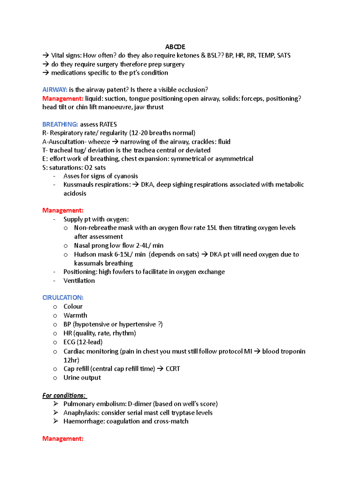Case study cheat sheet - ABCDE Vital signs: How often? do they also ...