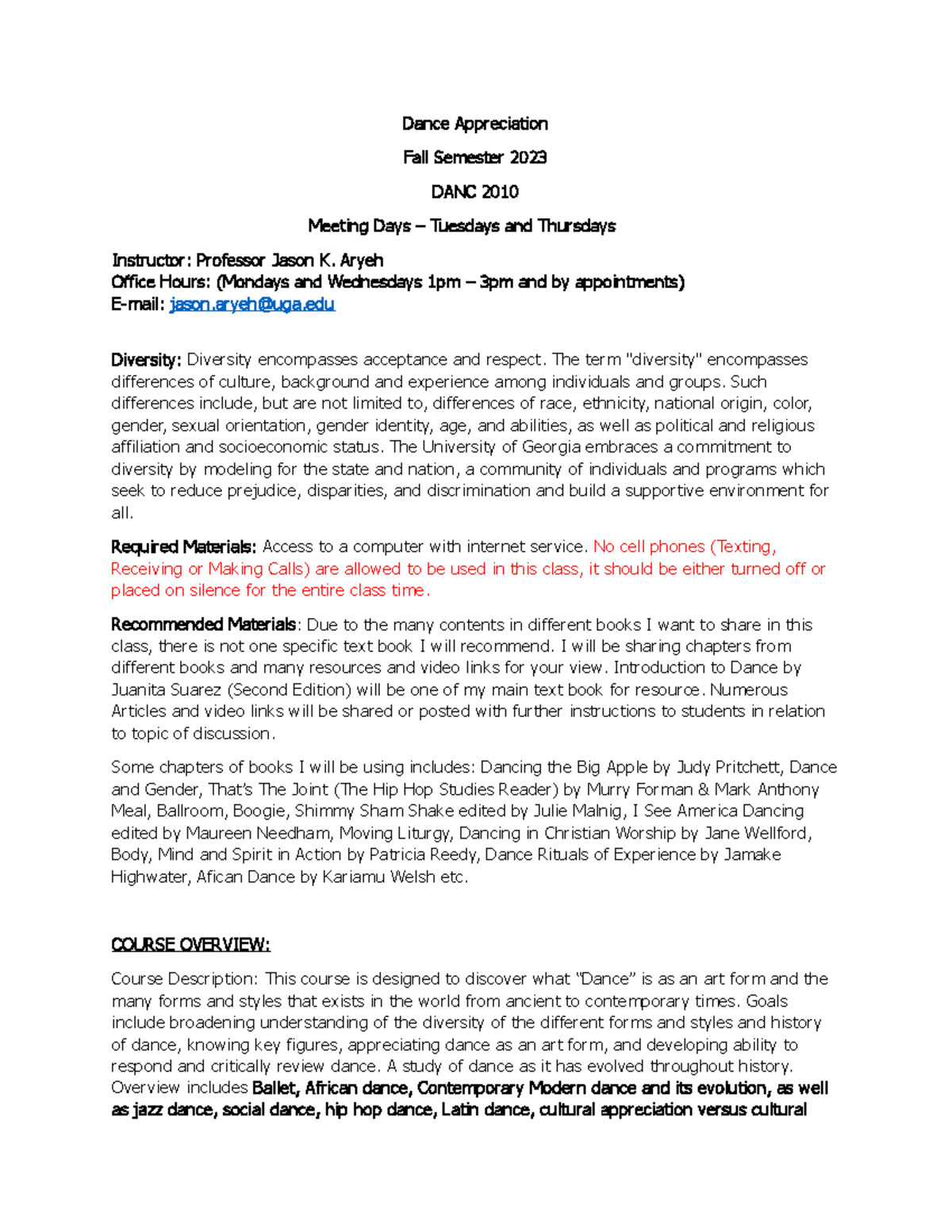 Dance Appreciation Fall 2023 Syllabus - Dance Appreciation Fall ...
