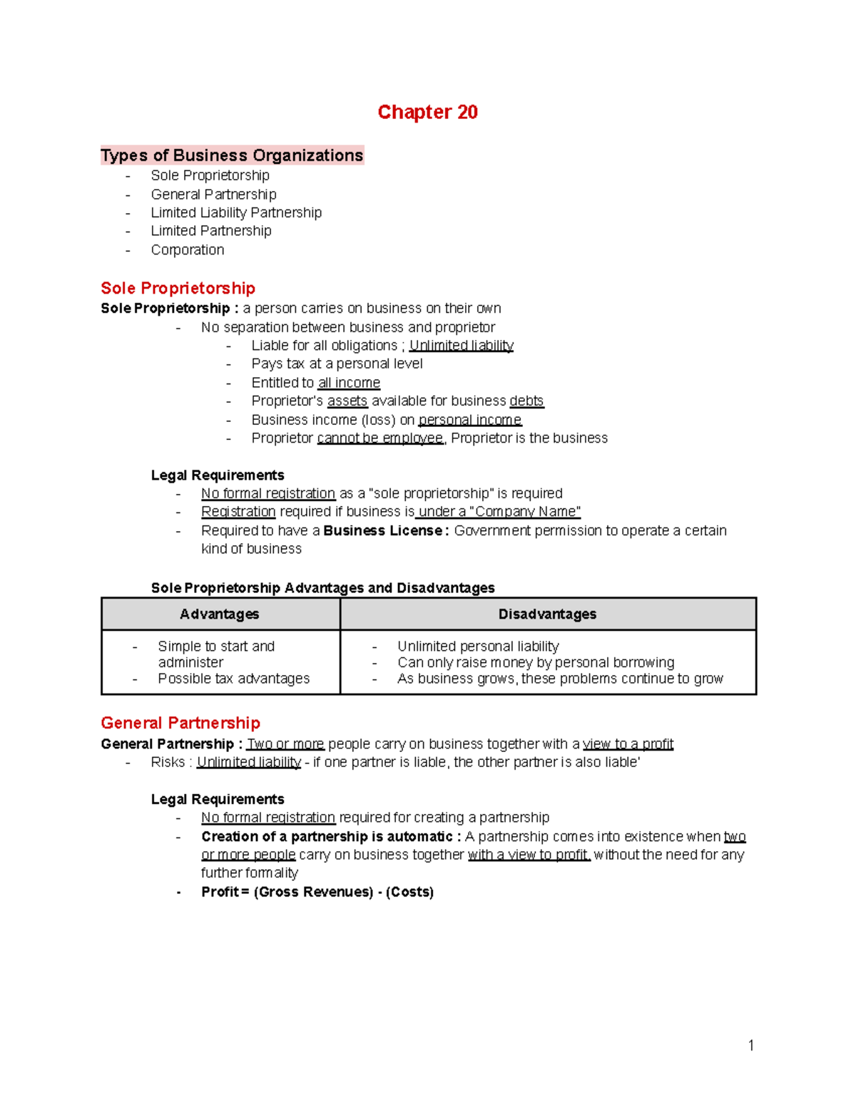 Final EXAM notes law 122 - Chapter 20 Types of Business Organizations ...