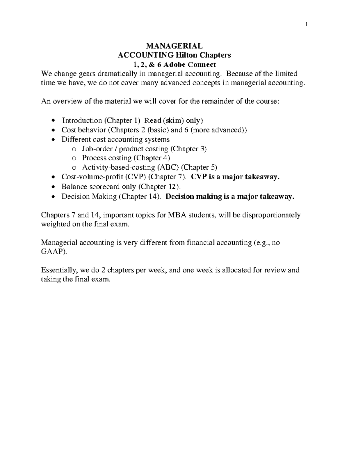 Hilton Chapters 1 2 & 6 Adobe Connect - MANAGERIAL ACCOUNTING Hilton Chapters 1 , 2, & 6 Adobe ...