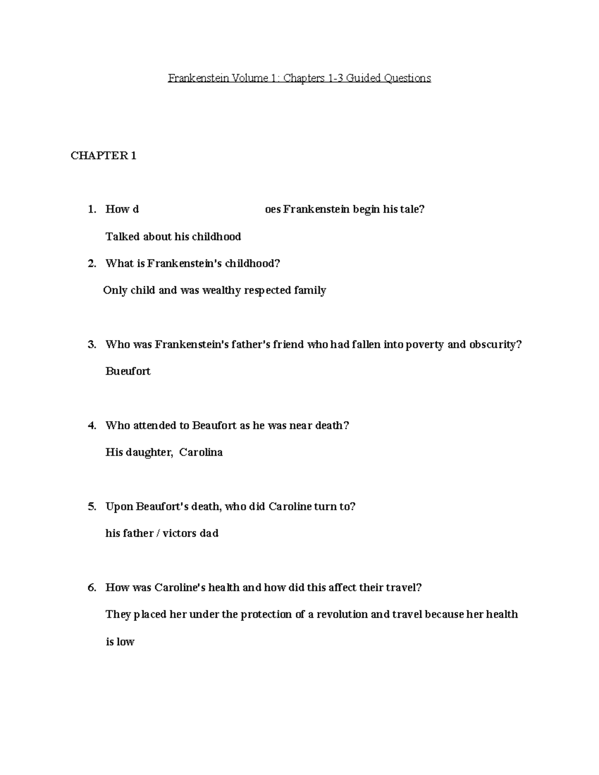 Frankenstein Volume 1 Chapter 1 Guided Questions - Frankenstein Volume ...