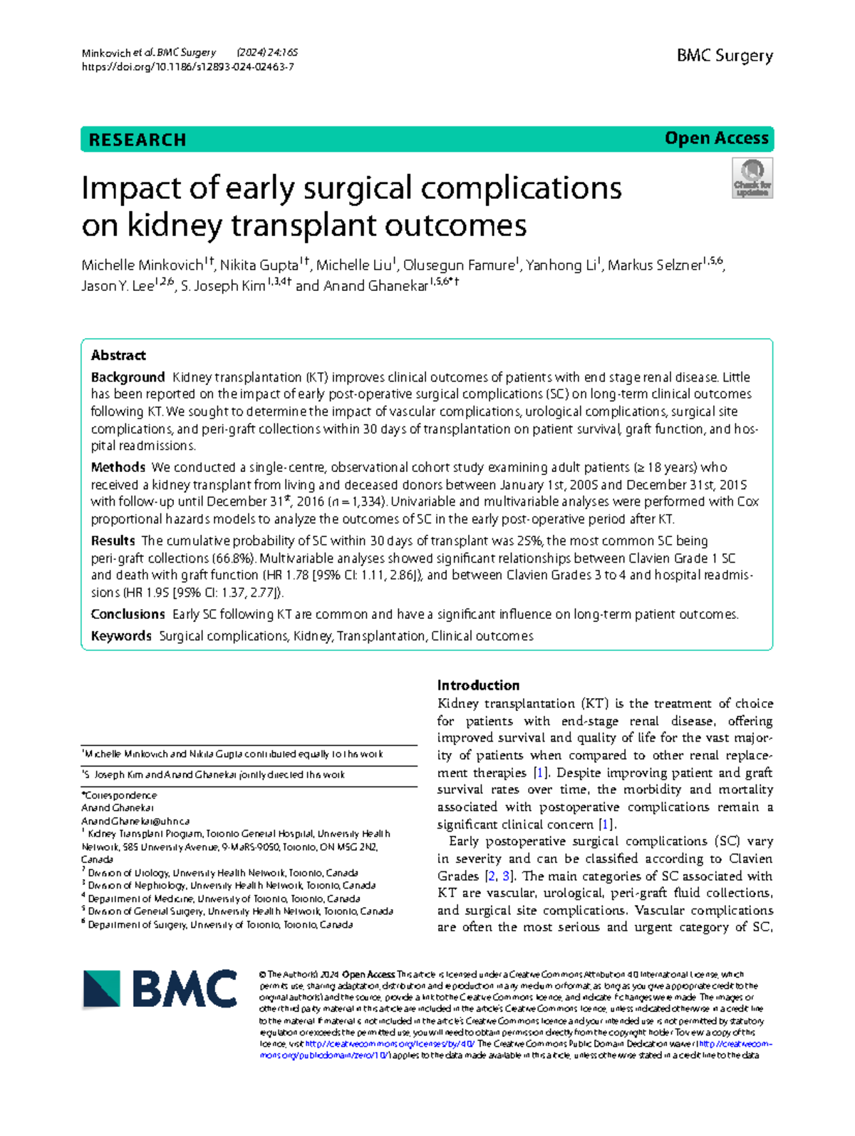 Impact of early surgical complications - Minkovich et al. BMC Surgery ...