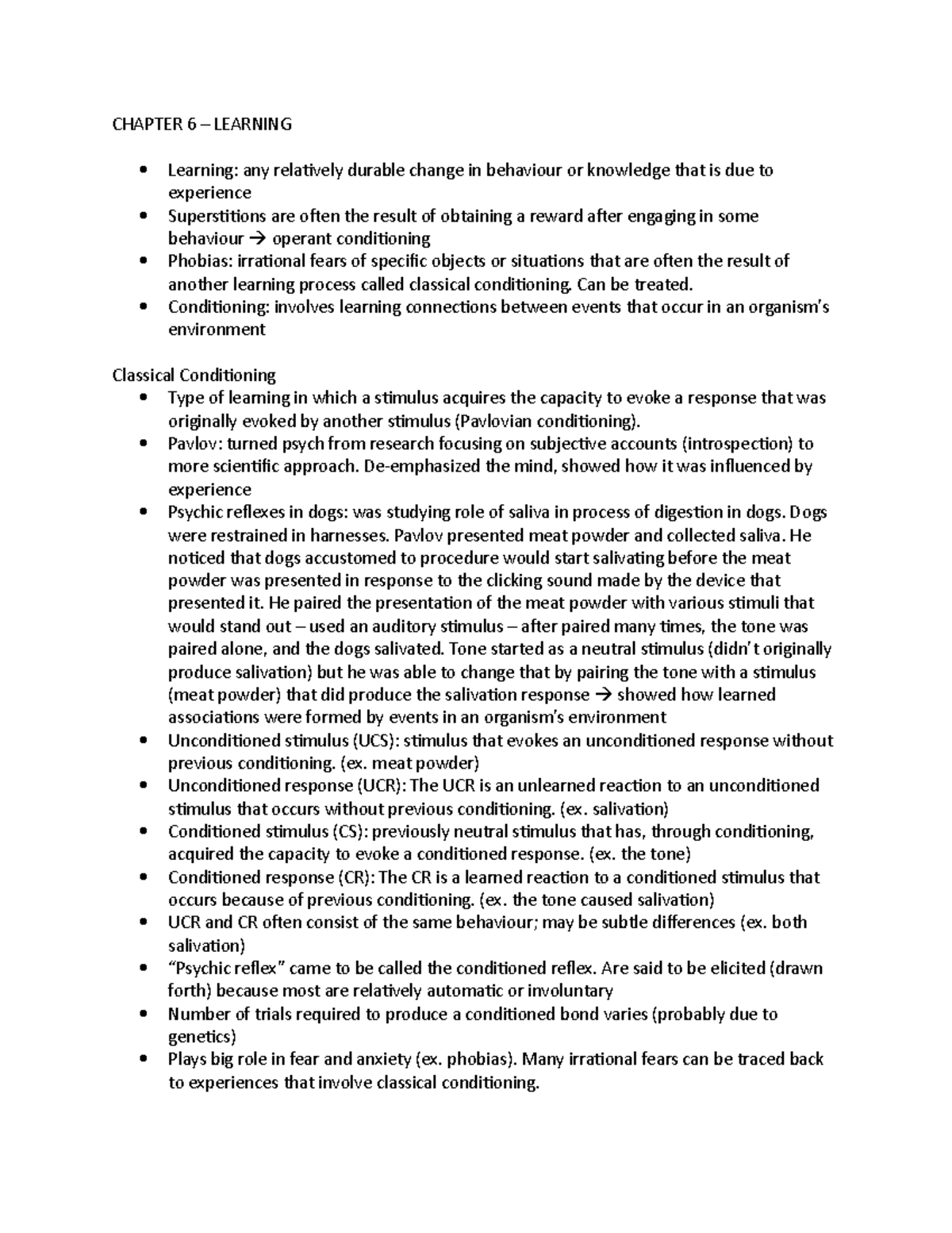 Chapter 6 – Learning - Textbook summary - CHAPTER 6 – LEARNING Learning ...