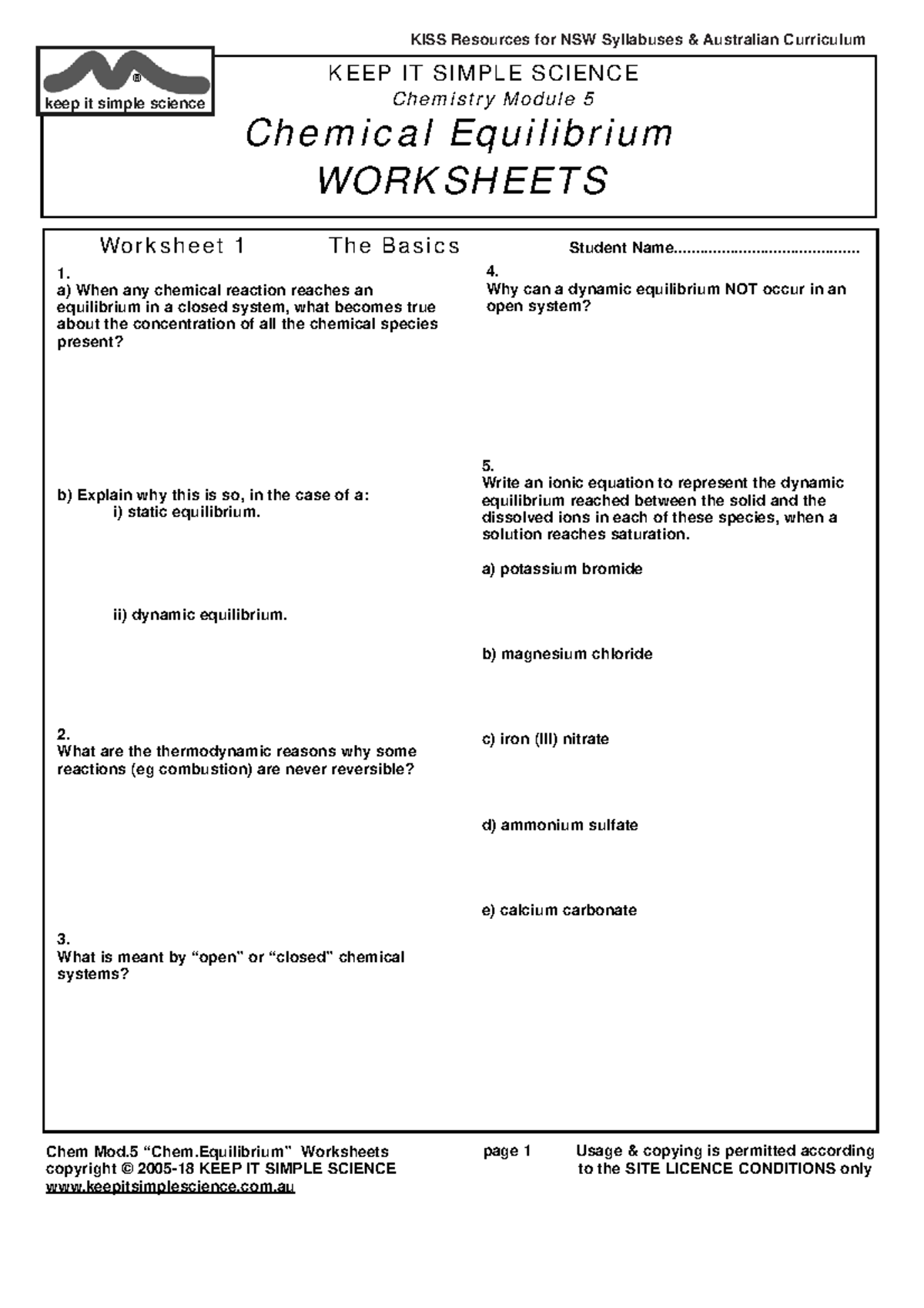 Chemistry Module 5 KISS worksheets - page 1 Usage & copying is ...