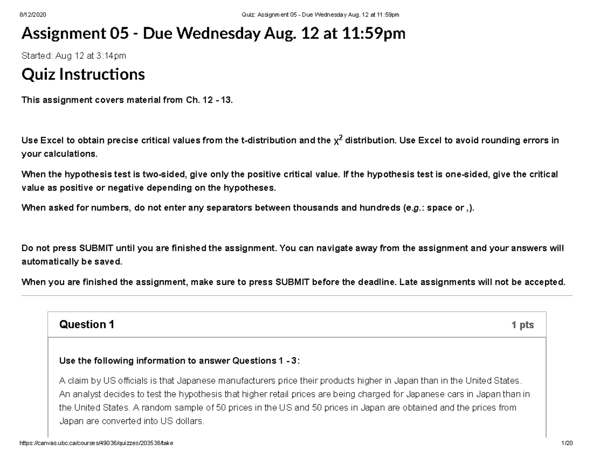 Quiz Assignment 05 Due Wednesday Aug - Assignment 05 - Due Wednesday ...