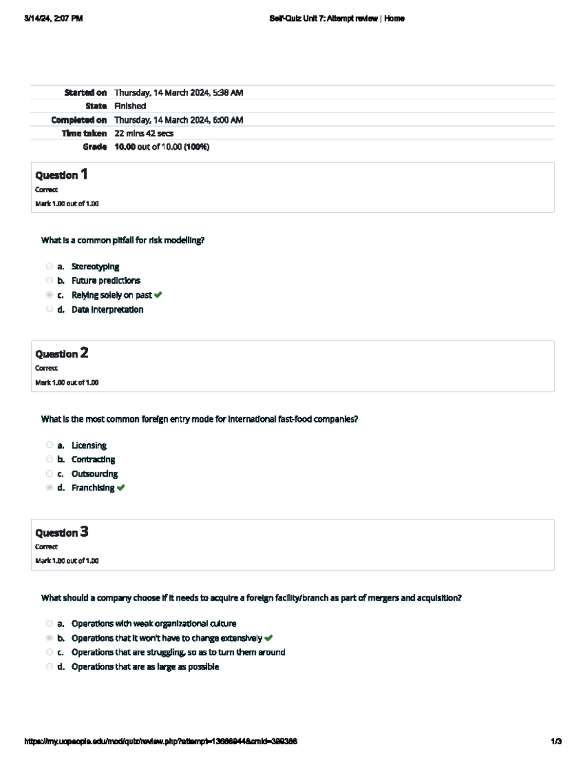 BUS 2207-01 - AY2024-T3 SELF QUIZ UNIT 7 - Multinational Management ...