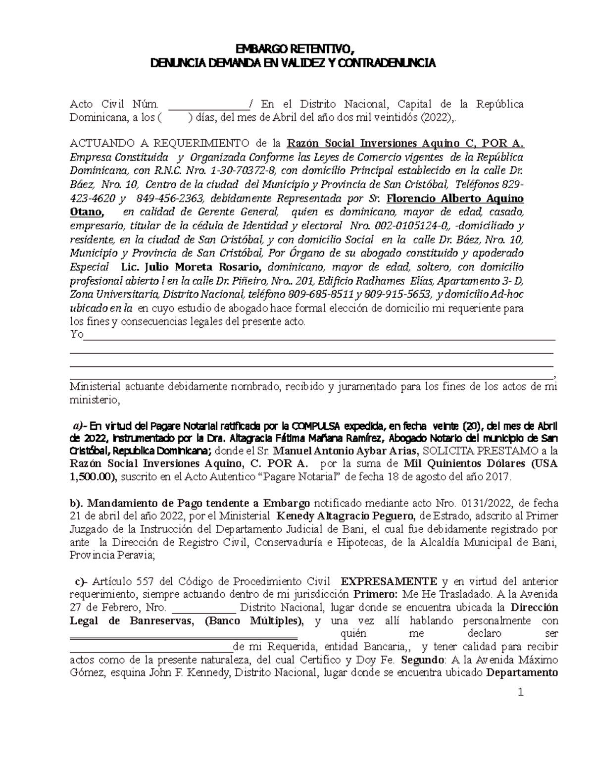 Embargo Retentivo Demanda en Validez Alberto Aquino San Cristobal ...