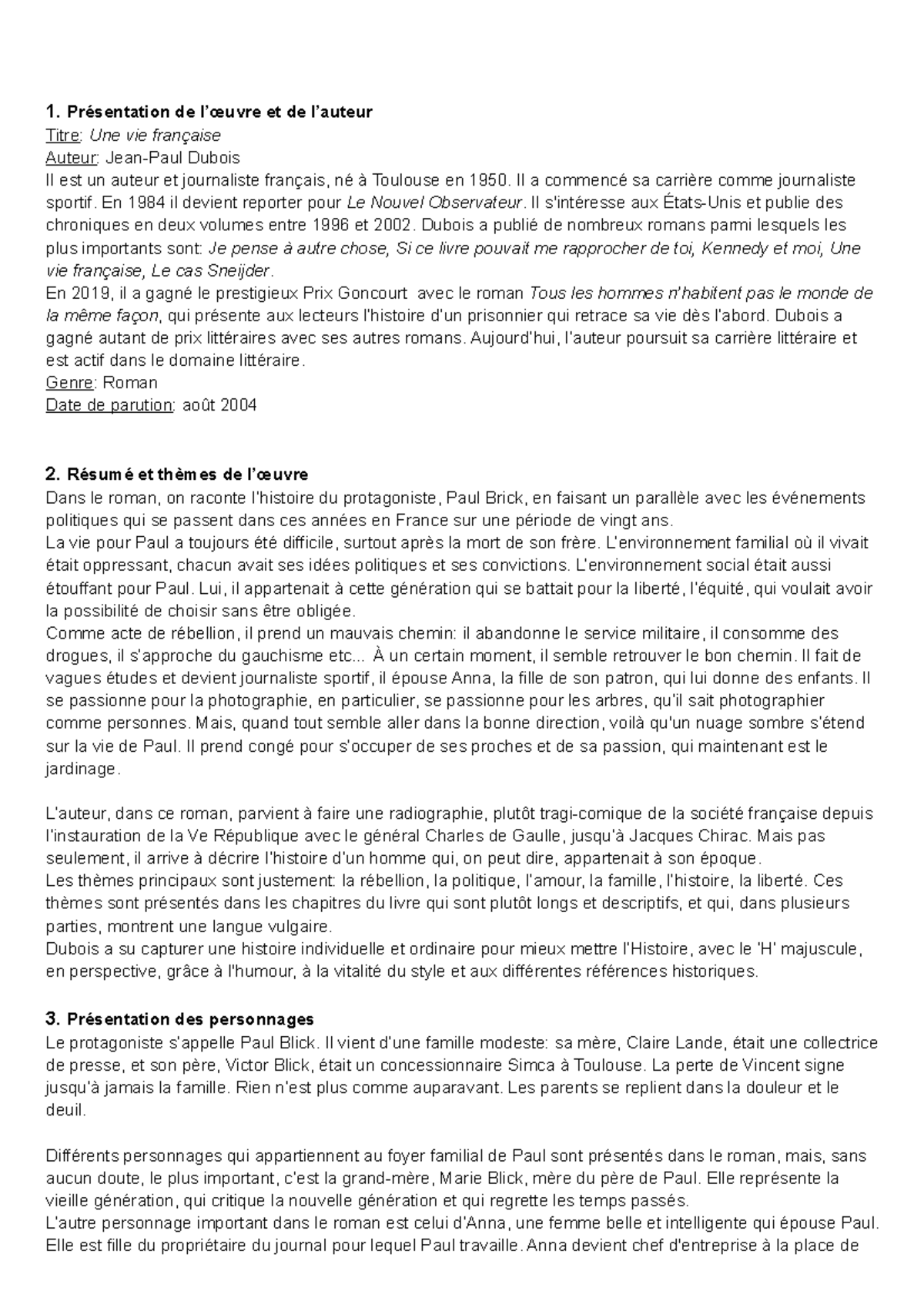 Fiche de lecture Une vie française - 1. Présentation de l’œuvre et de l ...