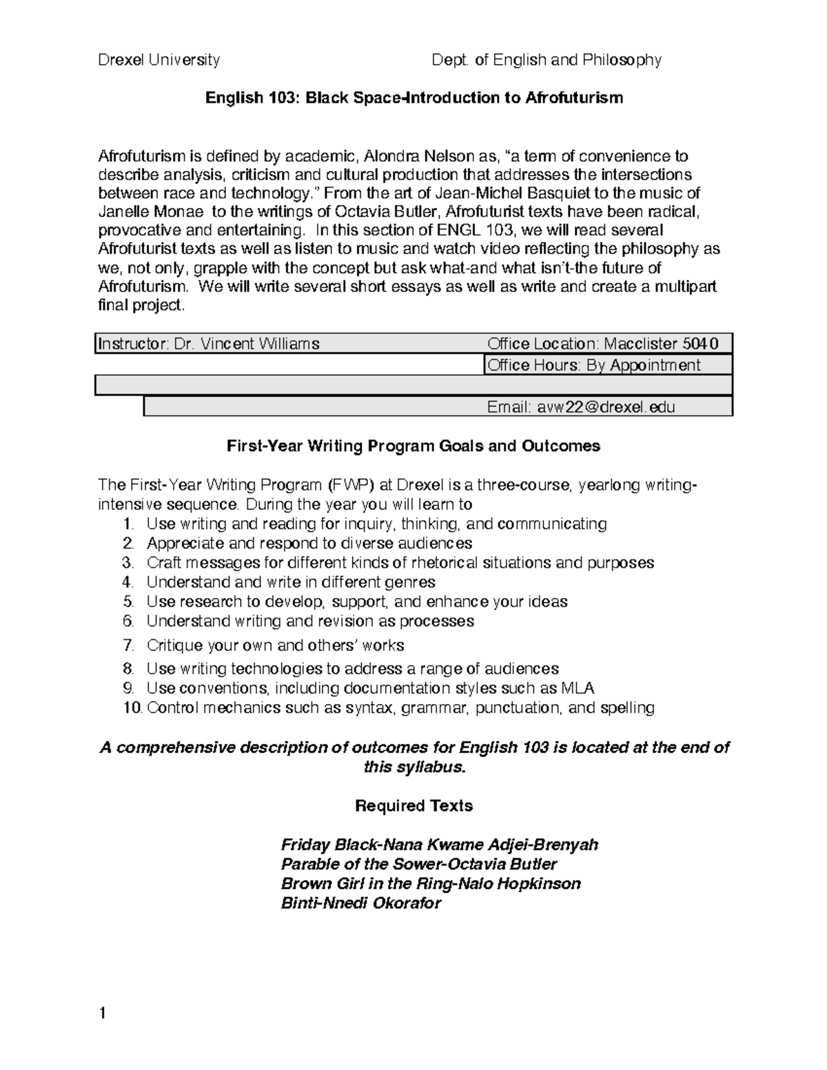 ENGL 103 - Syllabus - Drexel University Dept. of English and Philosophy ...