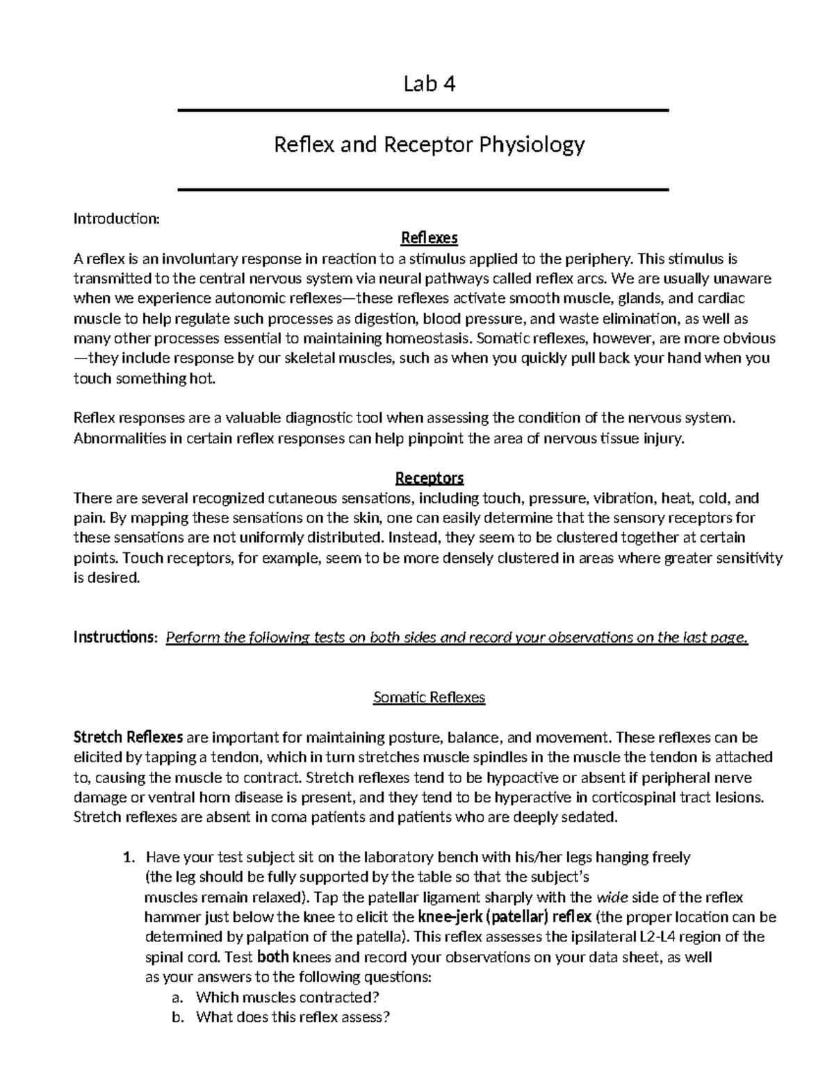 201 Lab 4 - Reflex and Receptor Physiology - Lab 4 Reflex and Receptor ...