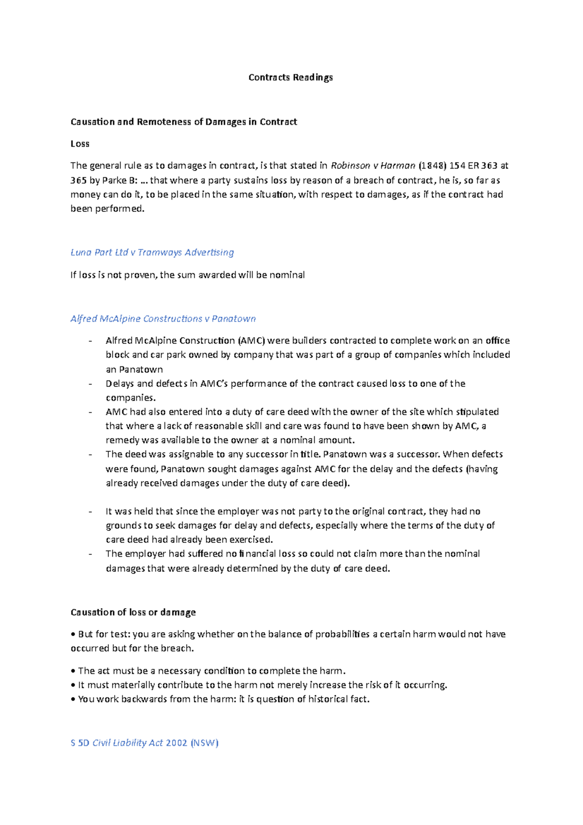 Contracts Notes - Contracts Readings Causation and Remoteness of ...