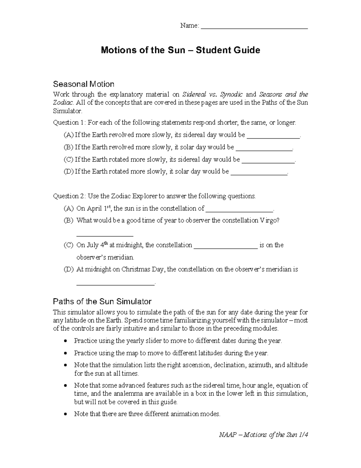Naap motions of the sun sg 2024 - Name: Motions of the Sun – Student ...