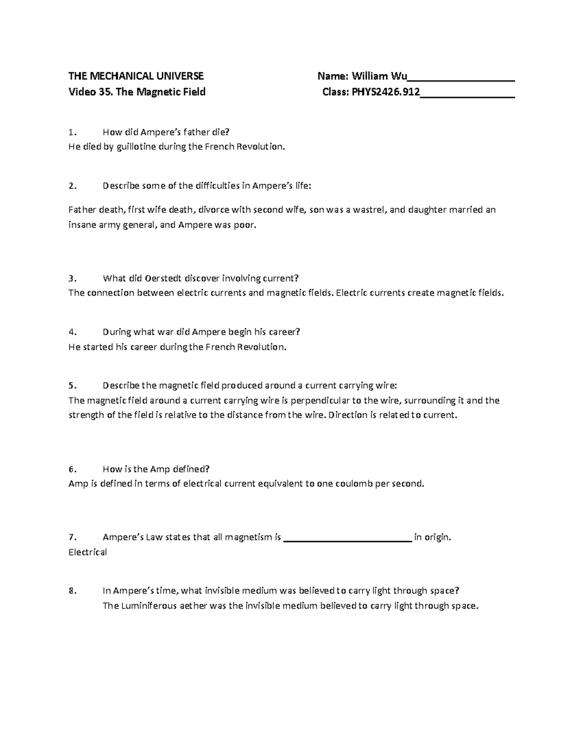 35. The Magnetic Field WW - THE MECHANICAL UNIVERSE Name: William Wu ...