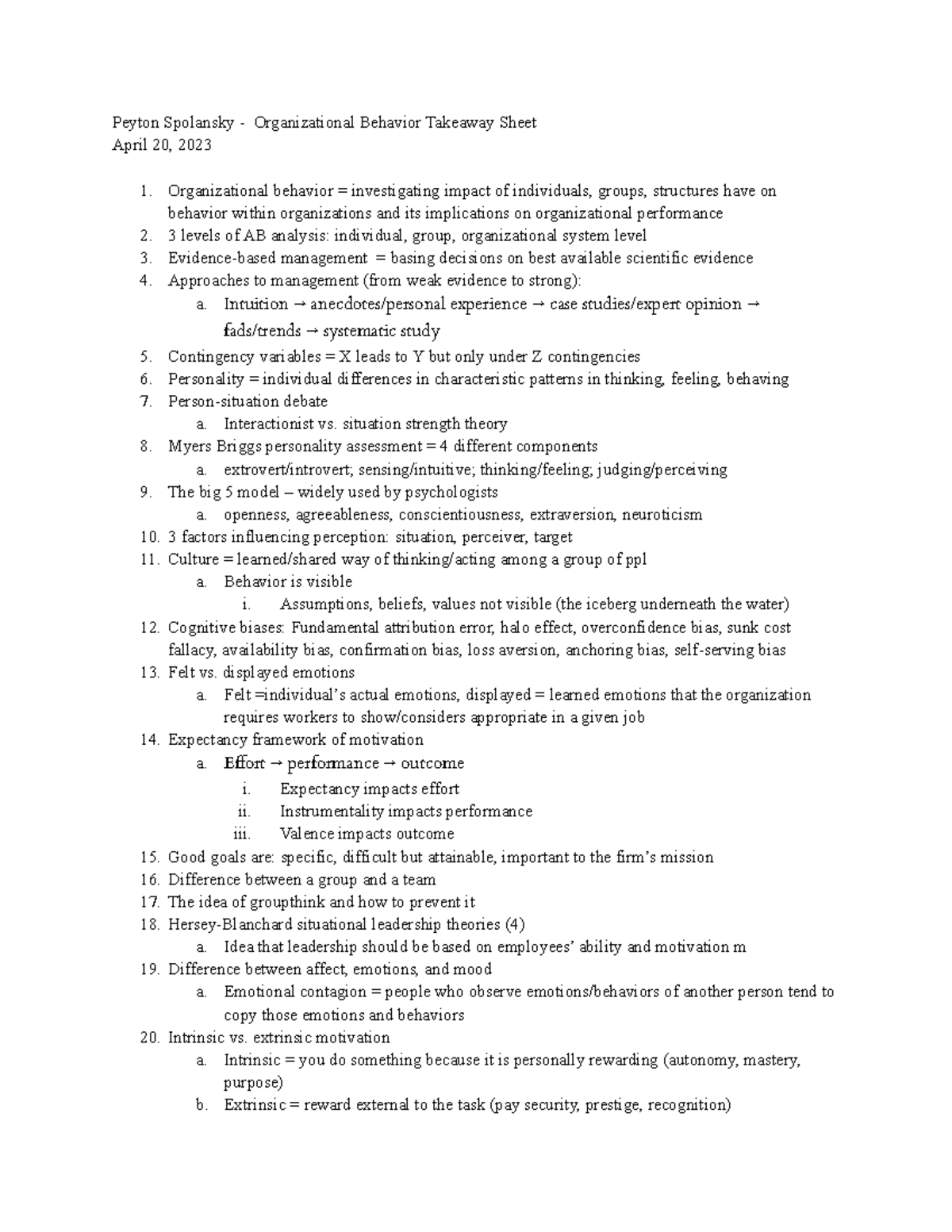 Takeaway sheet - Peyton Spolansky - Organizational Behavior Takeaway ...