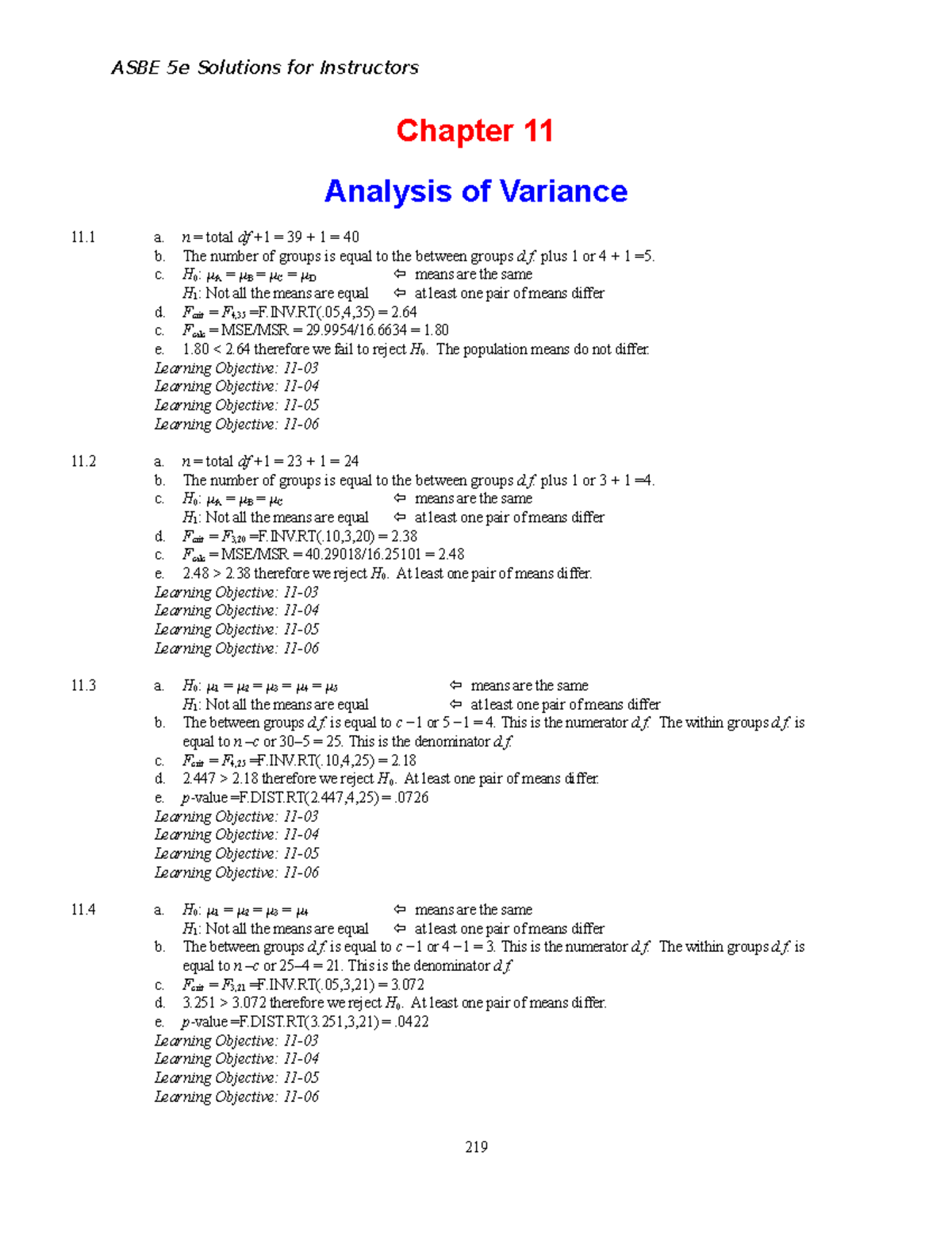 Problem Solutions Chapter 11 Analysis of Variance - Chapter 11 Analysis ...