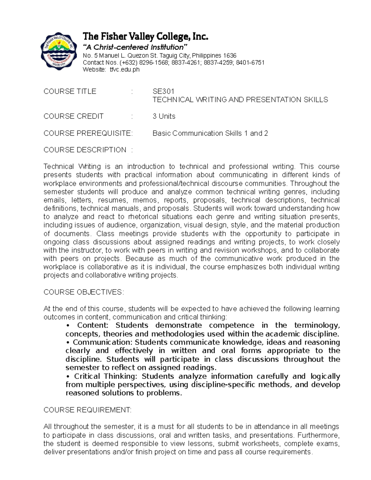 SE301 Technical Writing and Presentation Skills Syllabus - The Fisher ...