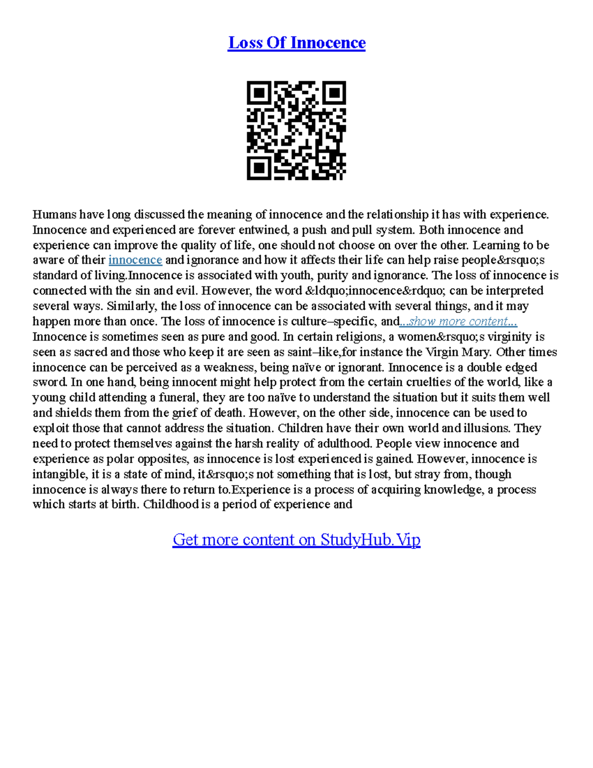Loss Of Innocence Essay - Loss Of Innocence Humans have long discussed ...