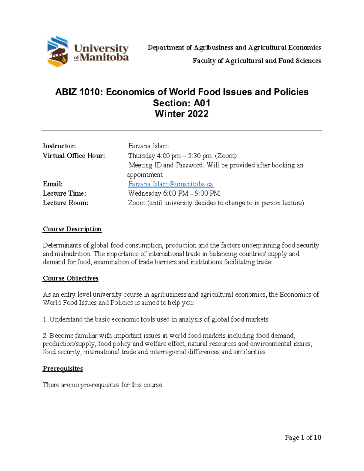 ABIZ 1010 - this is only syllabus of course - Department of ...