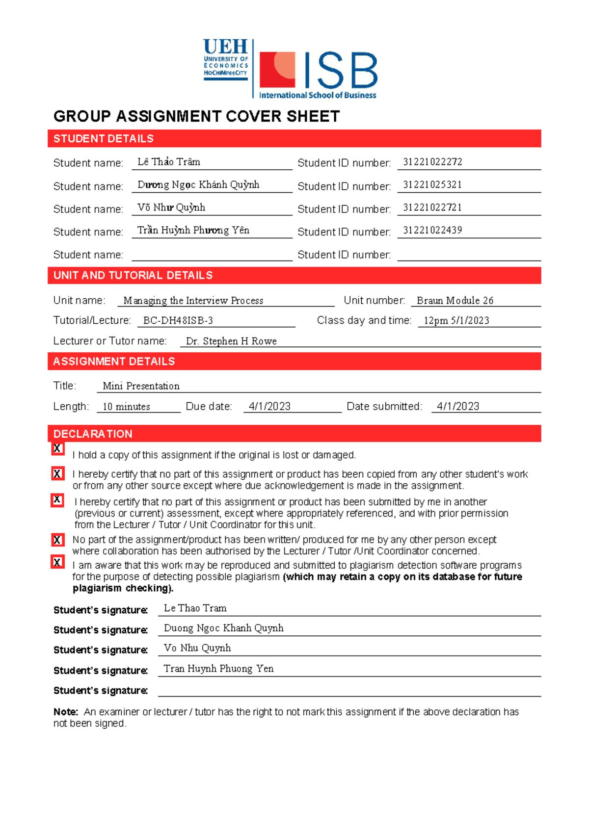 BC Follow up - Assignment - GROUP ASSIGNMENT COVER SHEET STUDENT ...