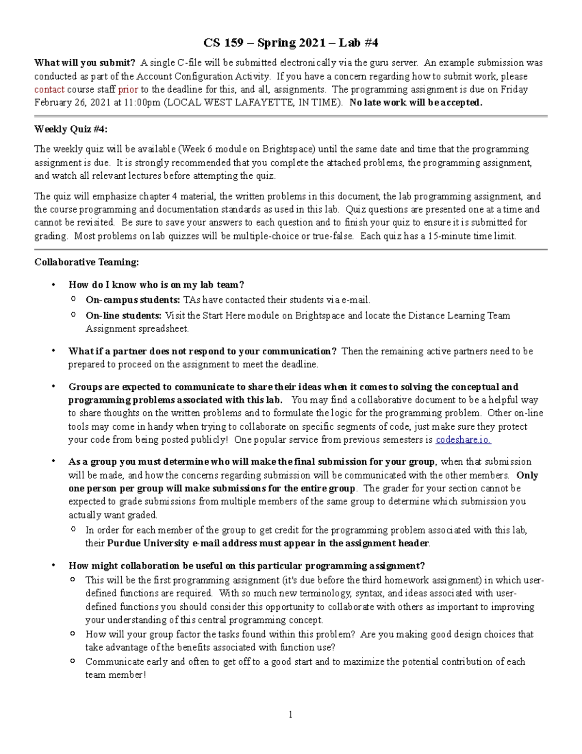 Lab04 - CS159 Lab 4 True or False Questions - CS 159 – Spring 2021 – Lab What will you submit? A ...