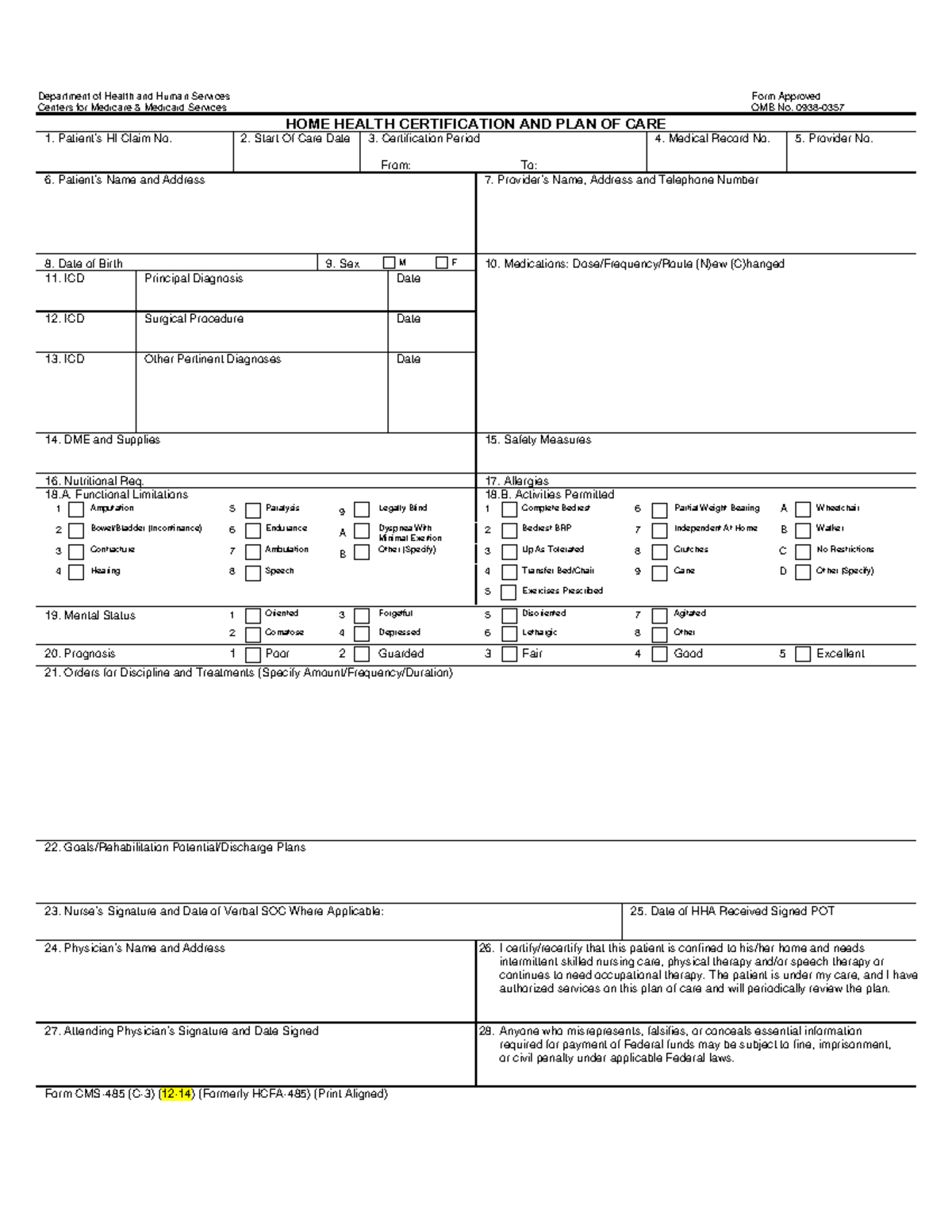 Plan of Care Form - assessment for case study - Department of Health ...