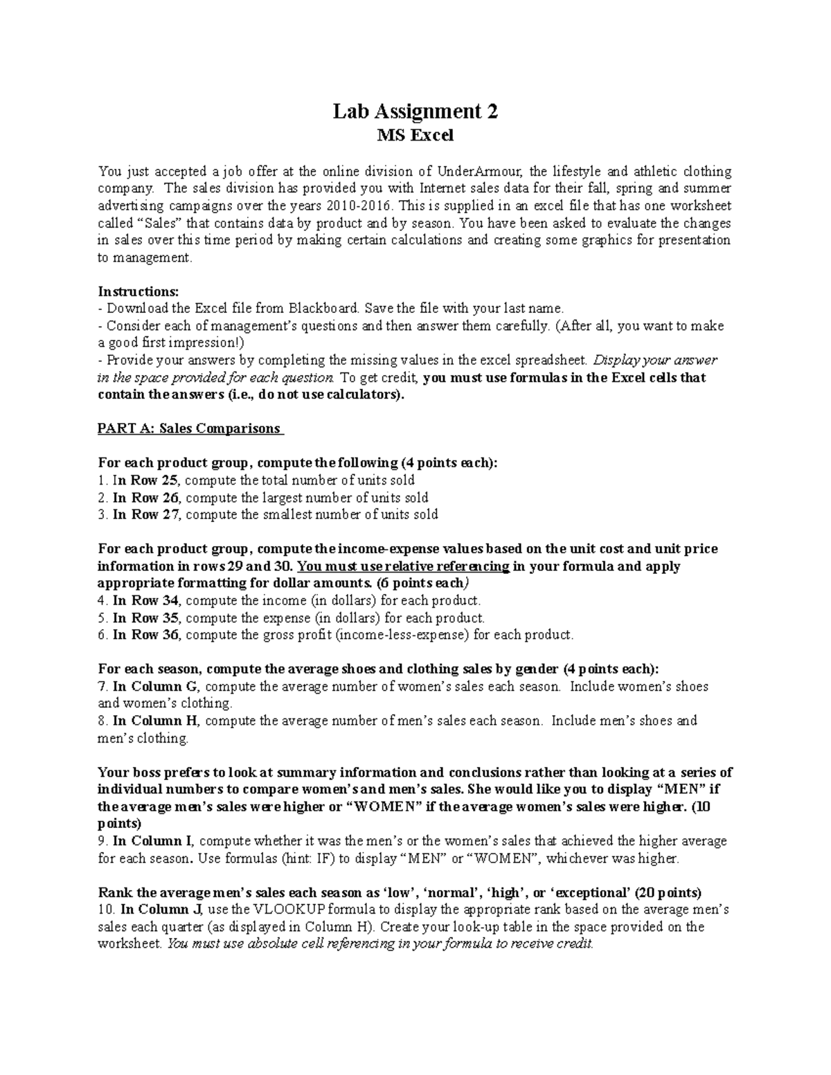 00A Lab 2-Excel 1, 183-problem - Lab Assignment 2 MS Excel You just ...